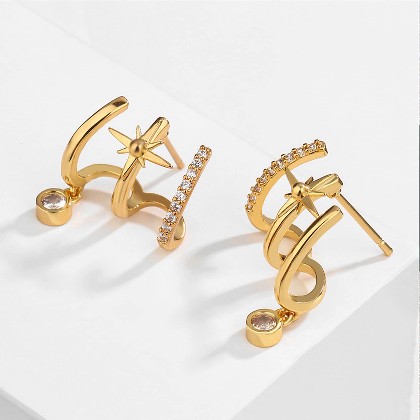 Triple Illusion Earrings for Women,Cat Claw Earrings,14k Real Gold Plated Small Double Huggie Hoop Earrings for One Hole (Style C)