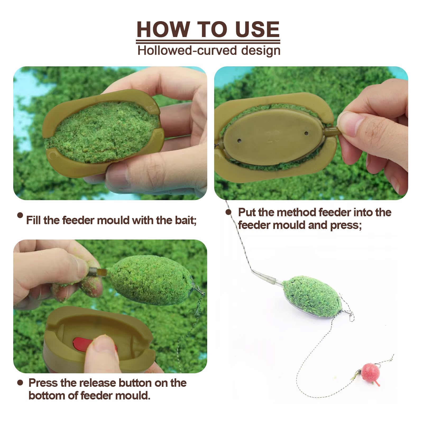 Medsuo 5pcs Fishing Inline Feeders Set Quick Release Method Feeder and Rubber Mould Flat Method Feeder for Carp Fishing 15g 20g 25g 35g (Brown)