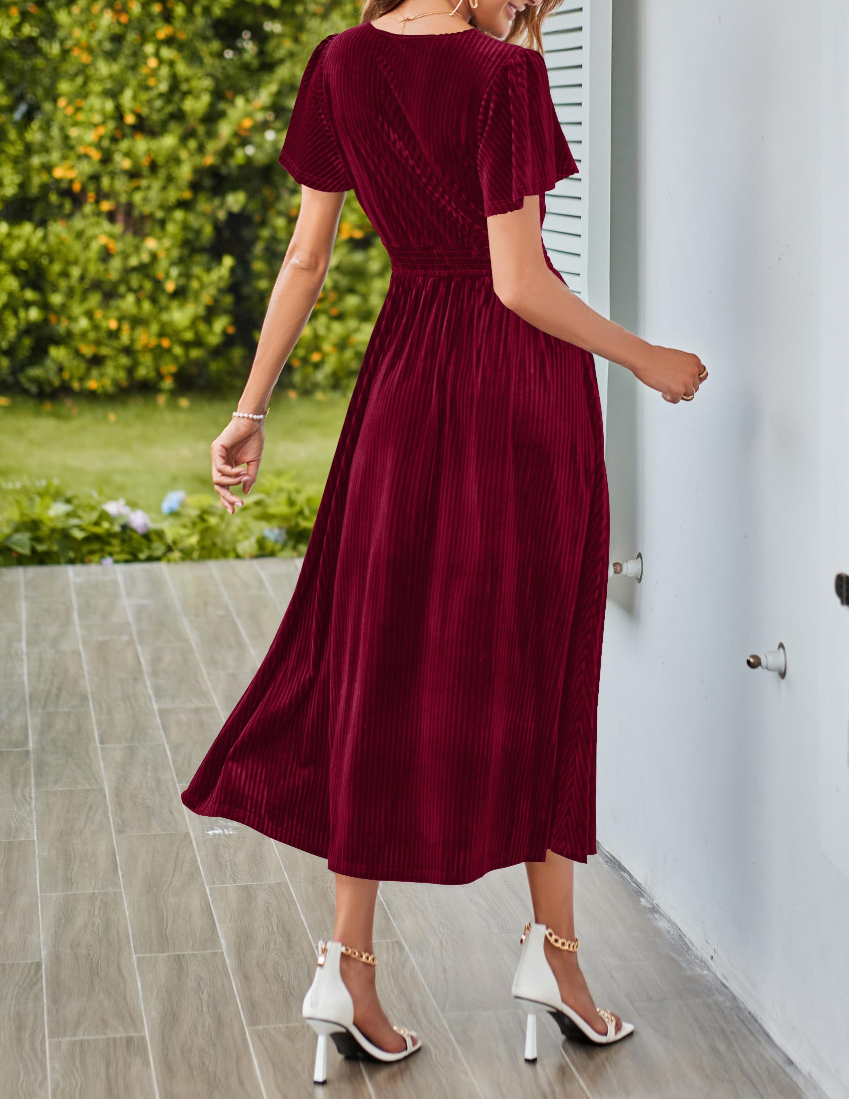 MEROKEETY Women's Flutter Short Sleeve V Neck Velvet Maxi Dress Bridesmaid Wedding Guest Formal Dresses WineRed M