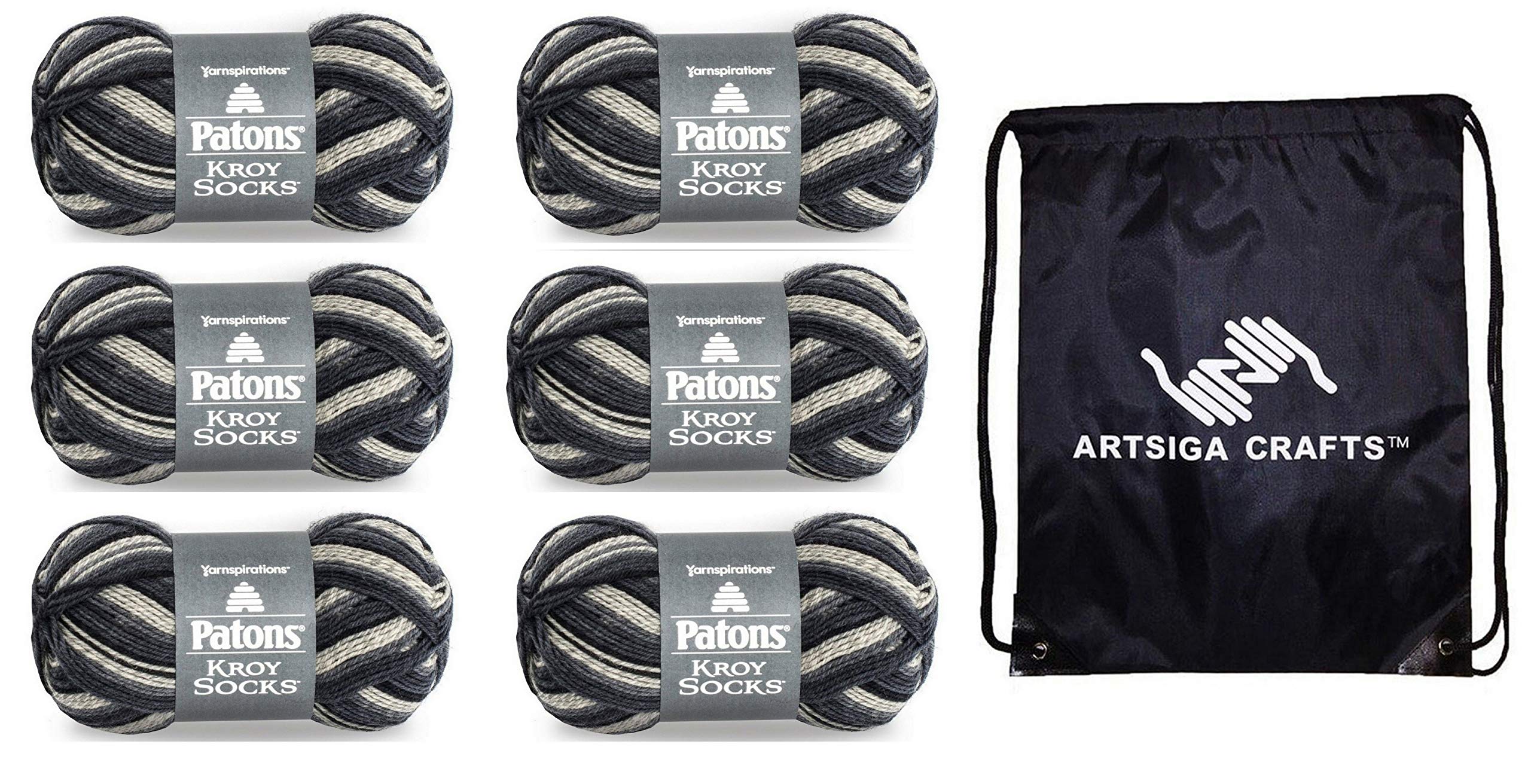 Patons Knitting Yarn Kroy Socks Eclipse Stripes 6-Skein Factory Pack (Same Dye Lot) 243455-55018 Bundle with 1 Artsiga Crafts Project Bag