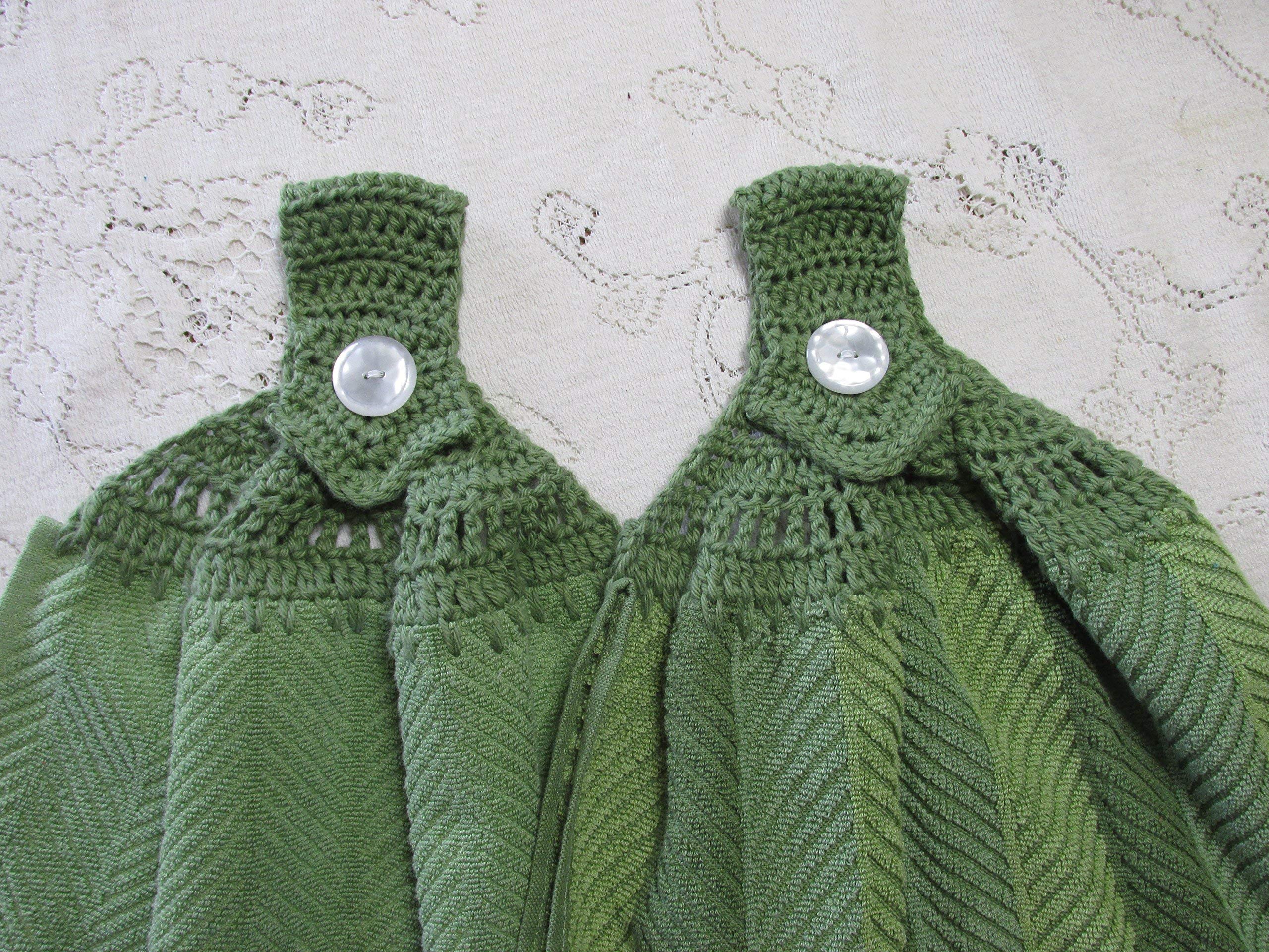 Set of 2 Green Doubled Chevron Design Hanging Kitchen Towels with Green Cotton Crochet Top - Best Quality
