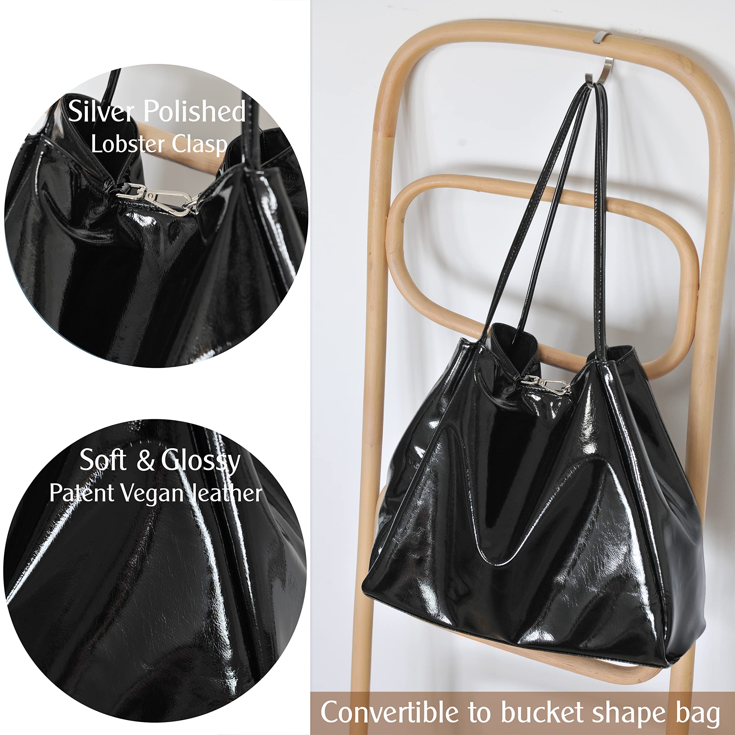 Shiny Patent Faux Leather Tote Glossy Shoulder Handbag for Women Convertible Purse (Nude)