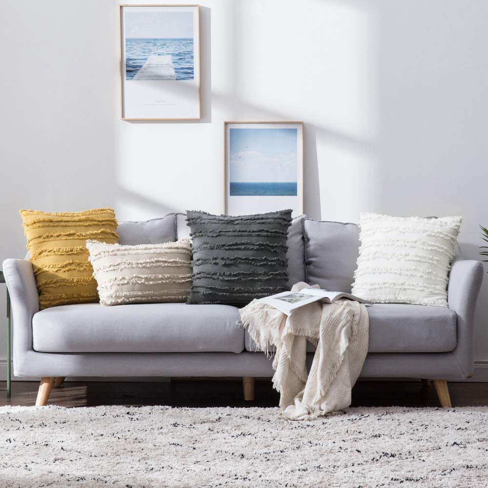 MIULEE Set of 2 Decorative Boho Throw Pillow Covers Linen Striped Jacquard Pattern Cushion Covers for Sofa Couch Living room Bedroom 18x18 Inch White