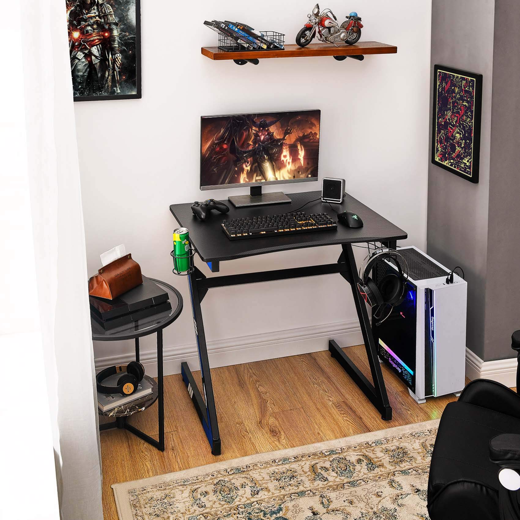 Mr IRONSTONE 31.5" Gaming Desk PC Computer Desk Home Office Student Table for Small Space Z-Shaped with Cup & Headphone Holder and 2 Cable Management Holes (Blue)