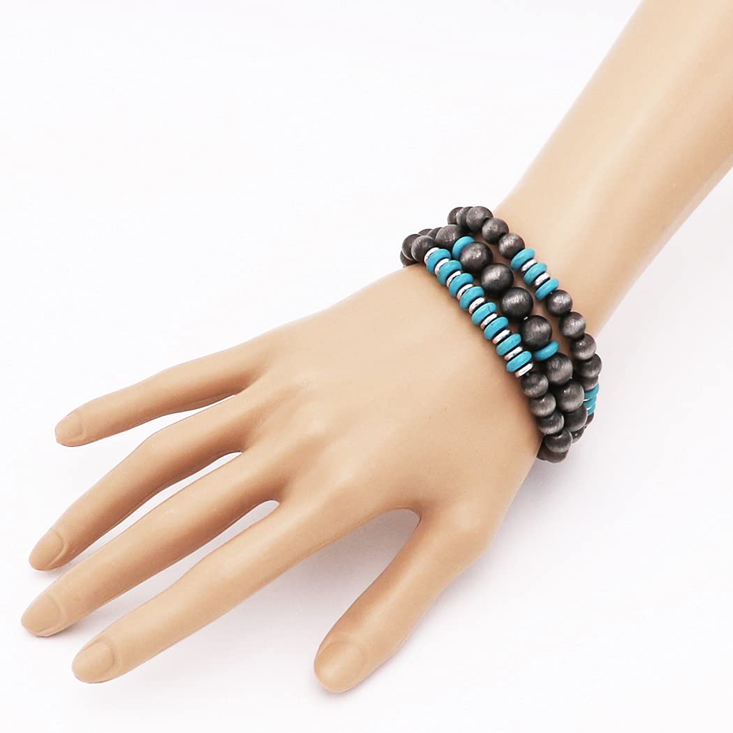Rosemarie & Jubalee Women's Set of 3 Western Metallic Bead And Howlite Stone Stretch Bracelets, 6.75" (Metallic Gunmetal Silver With Turquoise Beads)