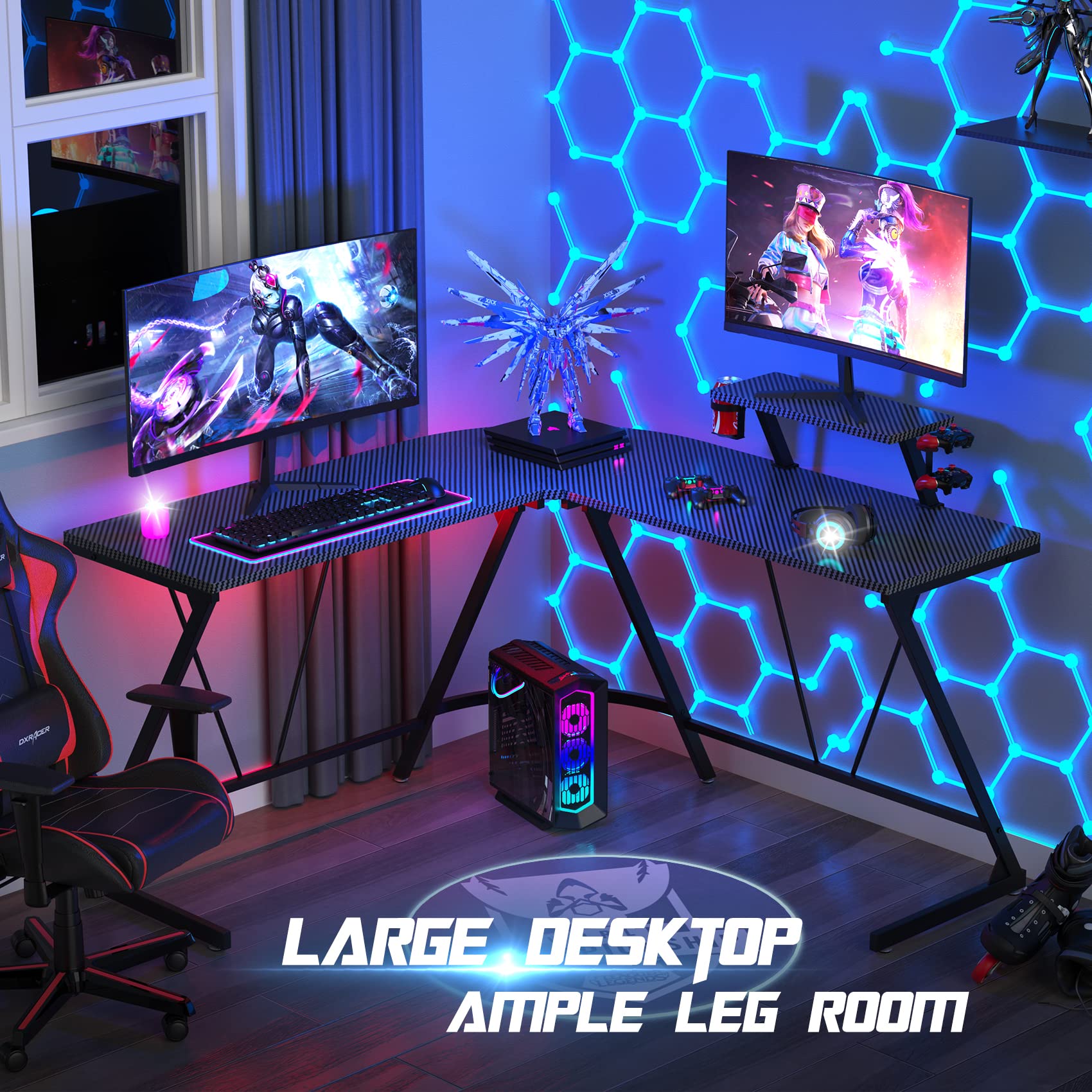 Mr IRONSTONE L Shaped Gaming Desk, 50.8'' Corner Computer Desk with Durable Carbon Fiber Surface, Home Office L Shaped Desk with Large Monitor Stand, Cup Holder & Headphone Hook