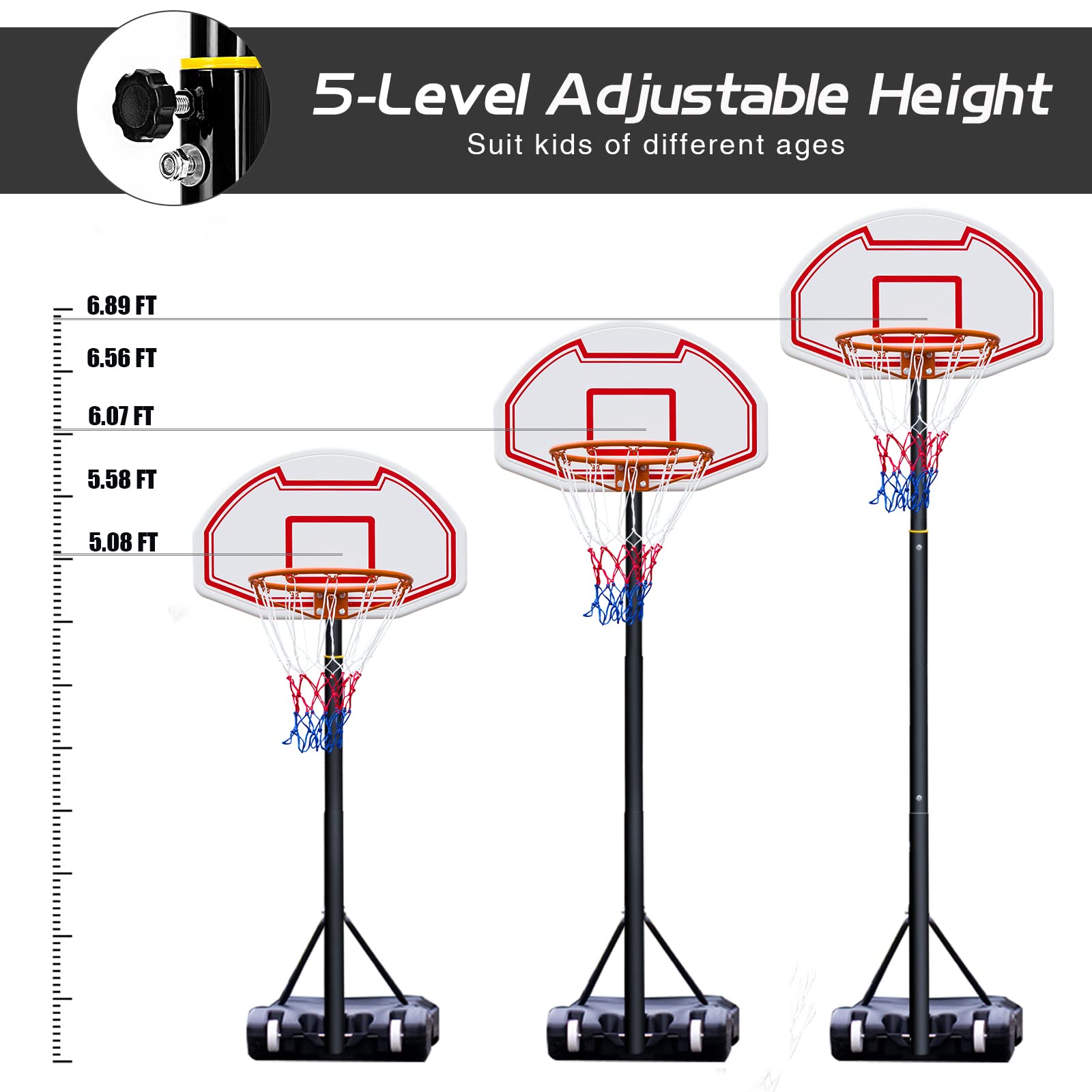 Touch Fish Products Youth Height-Adjustable Basketball Hoop,Portable Basketball Goal Outdoor,High Adjustable from4.9to6.9 FT,3.74 SF Backboard,Nylon Net - Multicolor