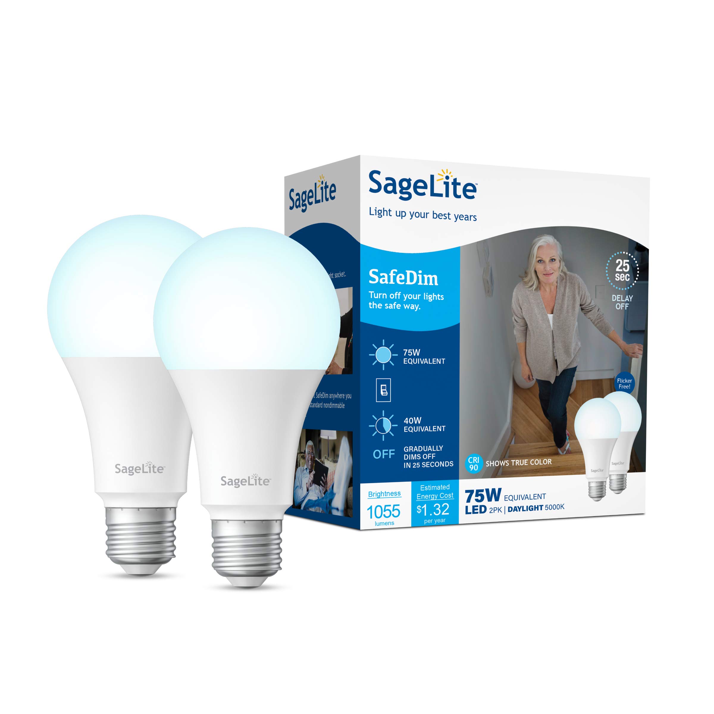 SAGELITE Delay Off LED Light Bulb, 11W LED Light with 25 Seconds of Dimmed Light After Switch Off, 75W Equivalent Daylight (5000K) A21 Bulb E26 Base 1055LM, 4 Pack (0187695001)
