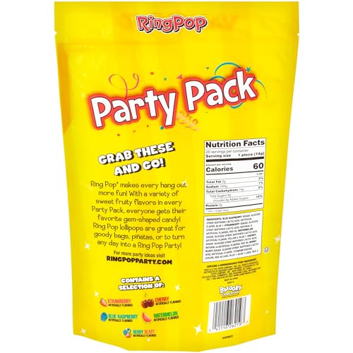Ring Pop Individually Wrapped Bulk Lollipop Variety Party Pack β 20 Count Suckers w/ Assorted Fruity Flavors - Fun Candy for Kids - Hard Candy for Party Favors, Birthdays, Celebrations & Goodie Bags
