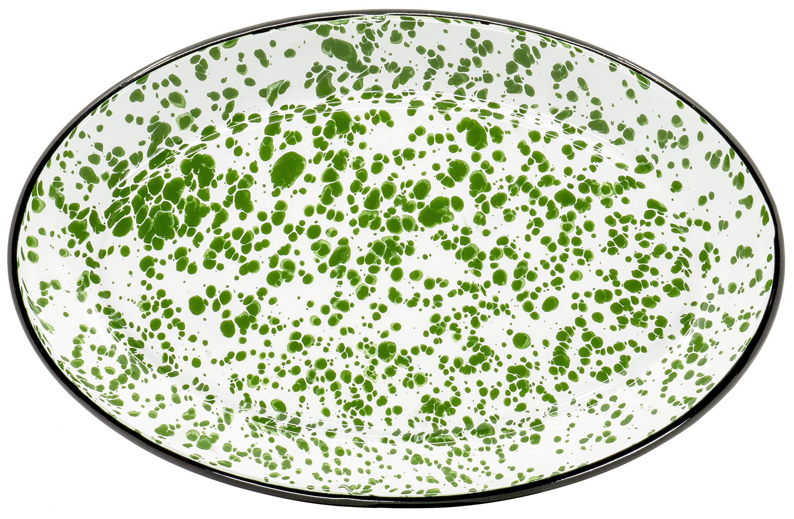 Red Co. Enamelware Metal Classic 13" Serving Oval Tray Platter, Dark Green Marble/Black Rim - Splatter Design