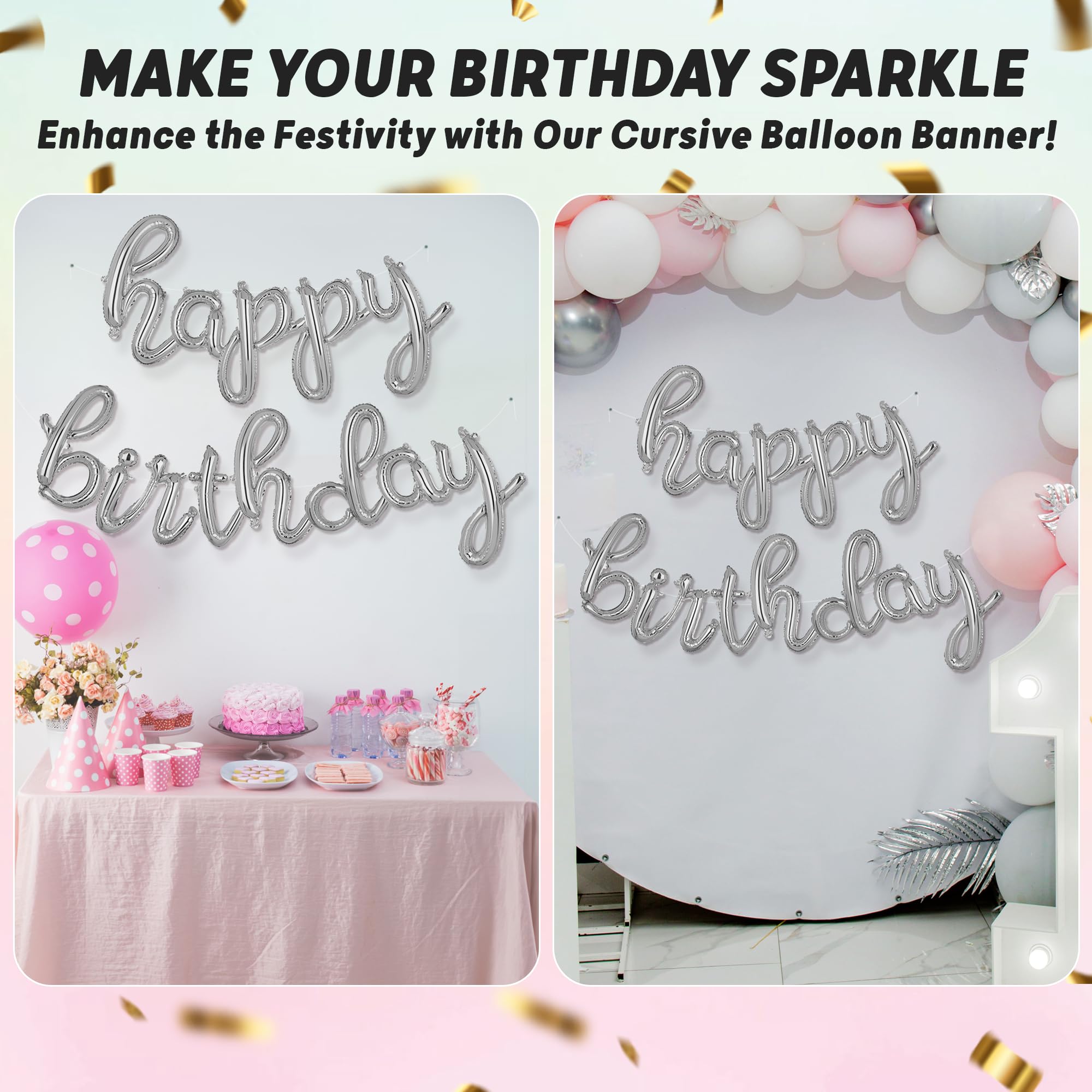 Silver Happy Birthday Balloons Banner | Script / Cursive Gold Letter Balloon Sign For Birthday Party Decor / Decoration | Foil Mylar Happy Birthday Banner (Silver)