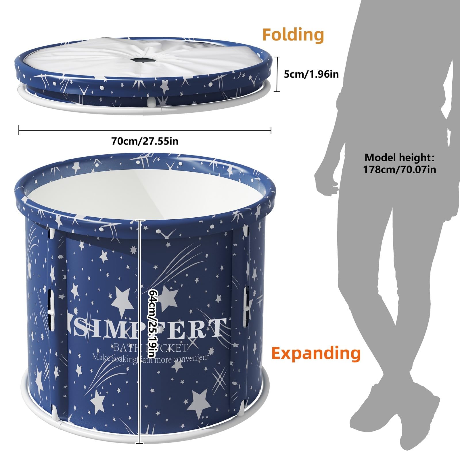 Portable Foldable Bathtub for Adults, Collapsible Ice Bath Tub, Soaking Bathtub for Hot Bath and Ice Bath, Bathroom Freestanding Bathtubs for Shower (Small-70cm*65cm, Starry Blue)