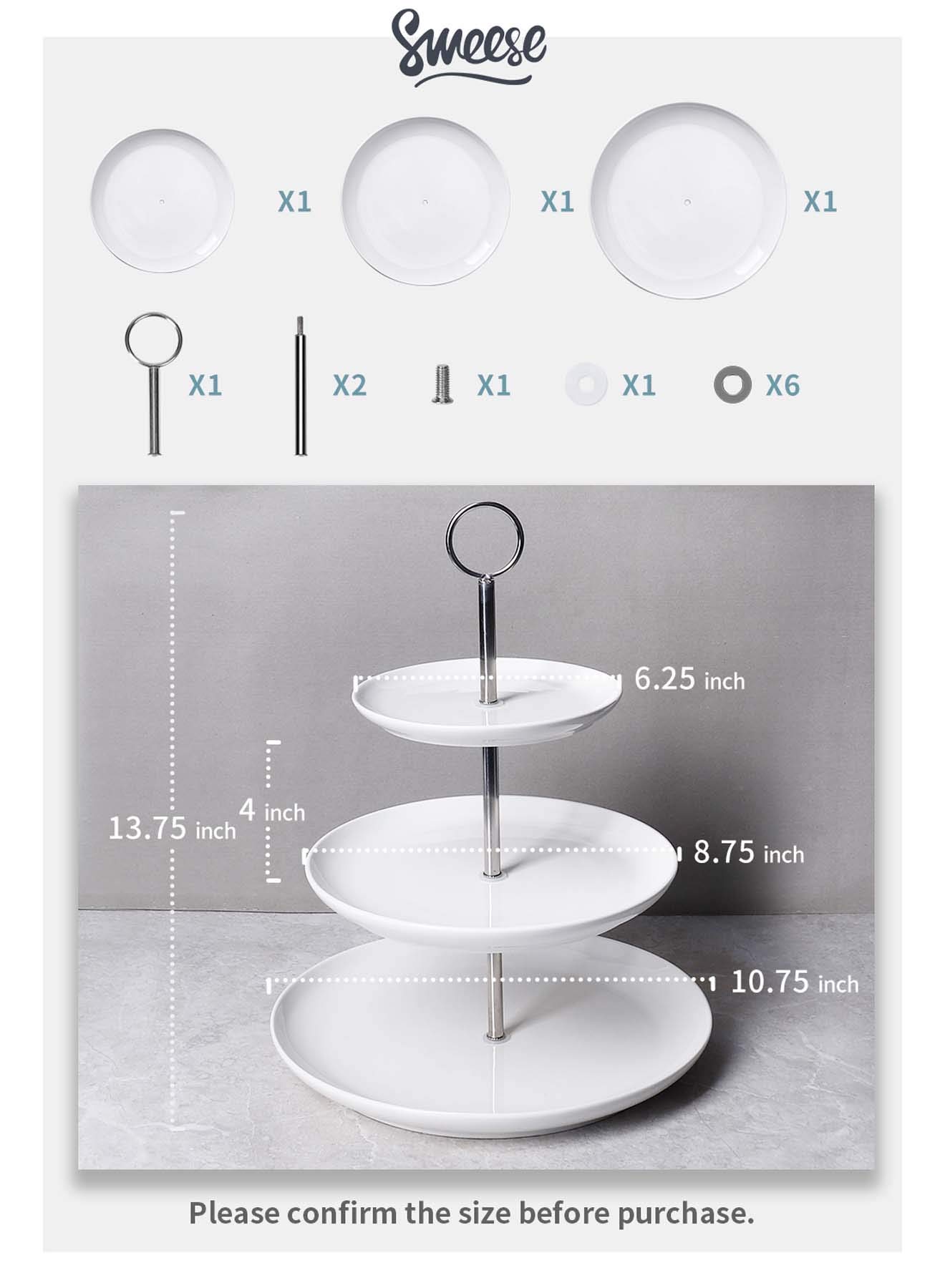 Sweese 10inch Porcelain Cake Stand Round Dessert Stand White + 3 Tier Cupcake Stand Porcelain Dessert Stand White