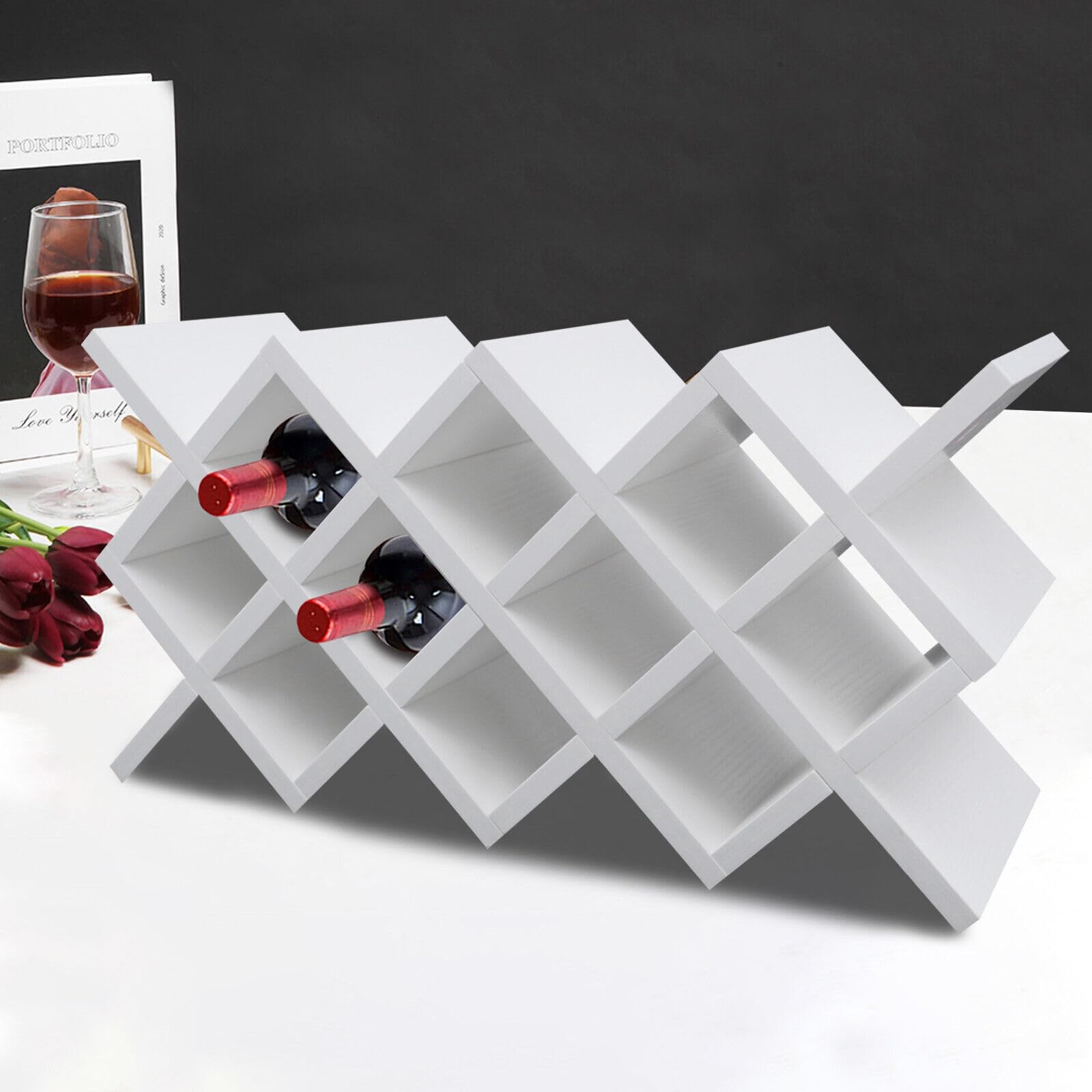 PIAOCAIYIN Wine Lattice Rack, 10 Grids Wine Rack Wall Mounted, Wine Shelf Wall Mounted, Free-Standing Diamond-Shaped Design, Storage Shelf Glass Bottle Organizer for Living Rooms, Kitchens, Bars