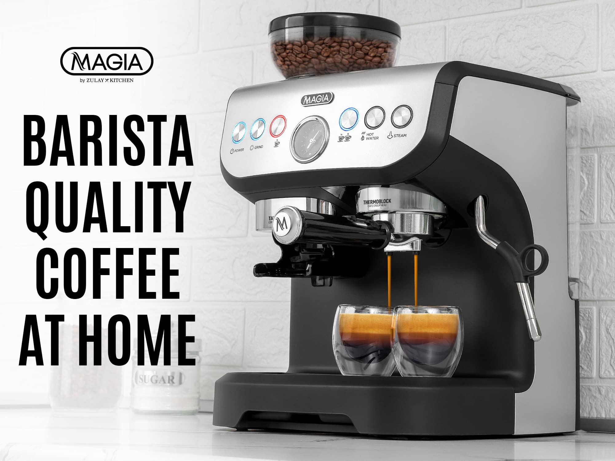 Magia Manual Espresso Machine with Grinder and Milk Frother - 15 Bar Pressure Pump Cappuccino Machine and 1 Gallon Cold Brew Coffee Maker with EXTRA-THICK Glass Carafe & Stainless Steel Mesh Filter