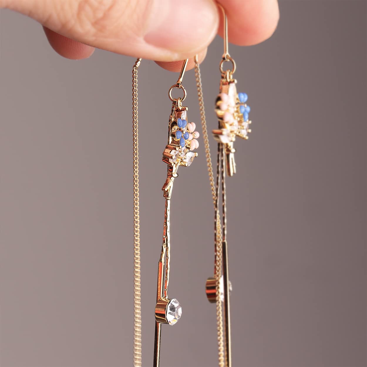 Sonateomber Colorful Daisy Flower Threader Earrings for Women Long Gold Chain Rhinestone Drop Dangle Thread Tassel Dangling Wedding Prom Jewelry Gift