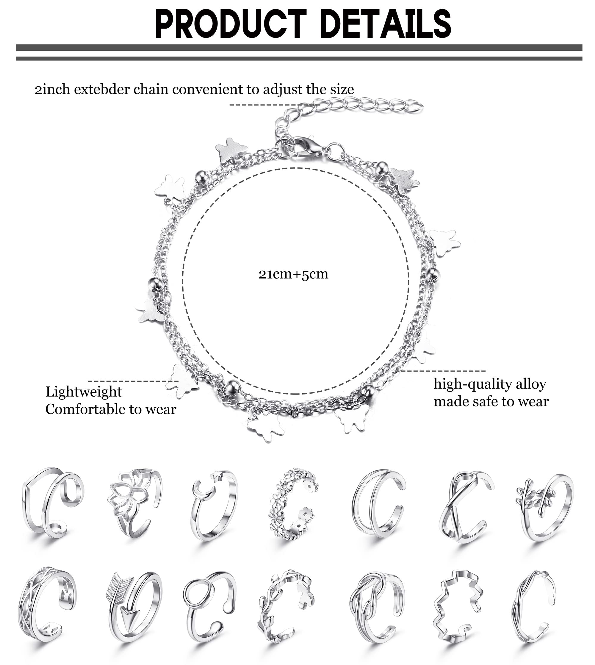 UBGICIG 25 Pcs Toe Rings and Ankle Bracelets for Women Silver Layered Anklets Open Adjustable Toe Rings for Summer Beach Foot Jewelry