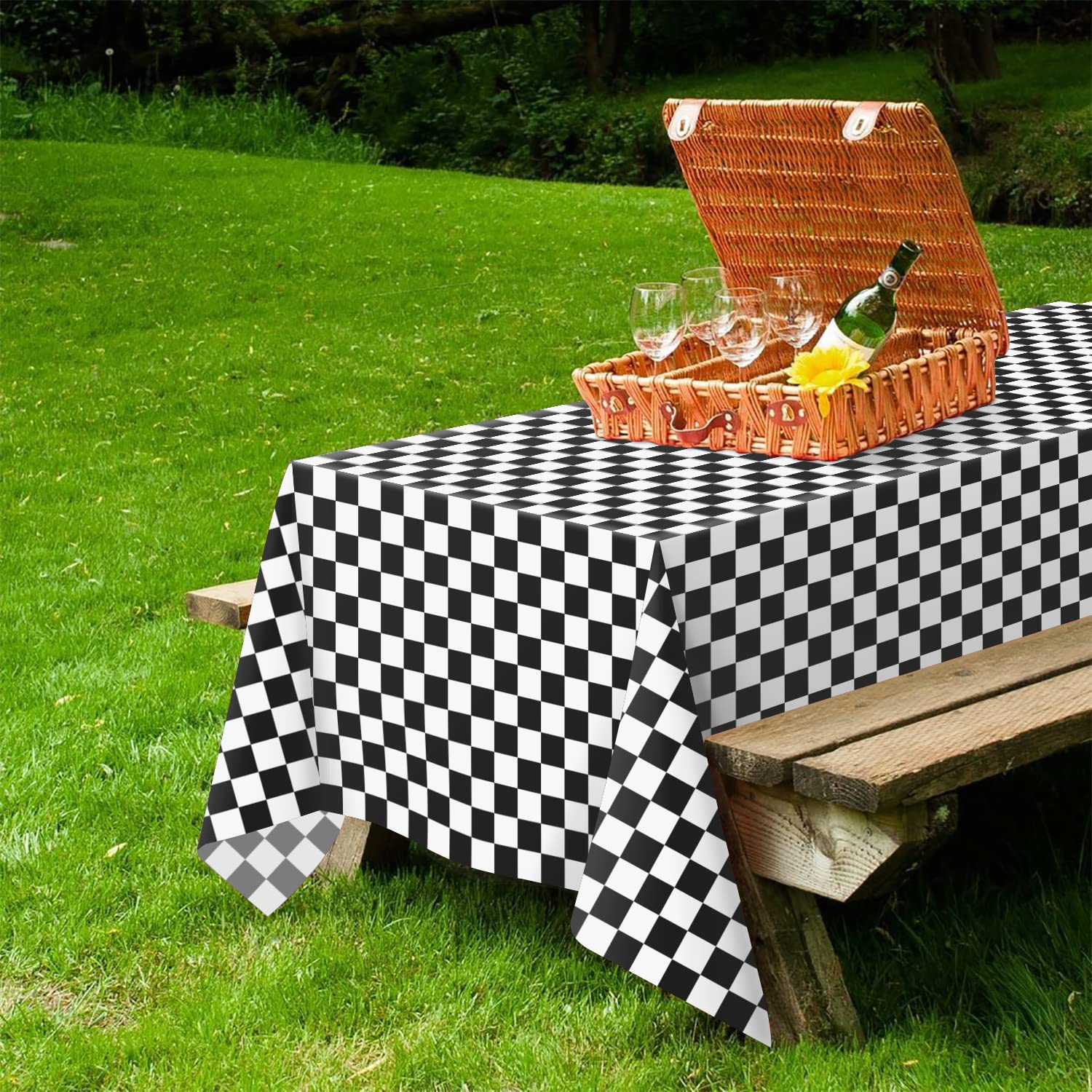 QIKSION 6 Pack Black and White Checkered Tablecloth Black Checkered Flag Tablecloth, Disposable Plastic Gingham Table Cover for Parties, Outdoor Picnic, Race Car Birthday Party(54 × 108 Inch)
