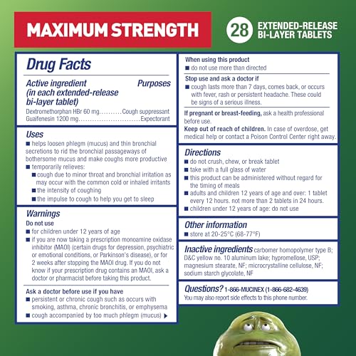 Mucinex DM 12Hr Maximum Strength Chest Congestion & Cough Medicine For Adults, Cold And Cough Medicine for Excess Mucus Relief, 1200 mg Guaifenesin & 60 mg Dextromethorphan HBr, 28 Bi-Layer Tablets