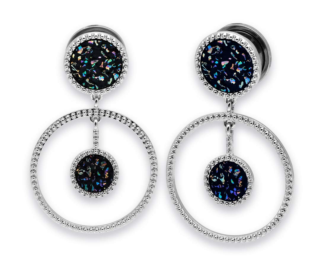 Mystic Metals Body Jewelry Pair of 316L Steel Screw on Plugs with Round Druzy Dangle (PS-260) (1/2" (12mm))