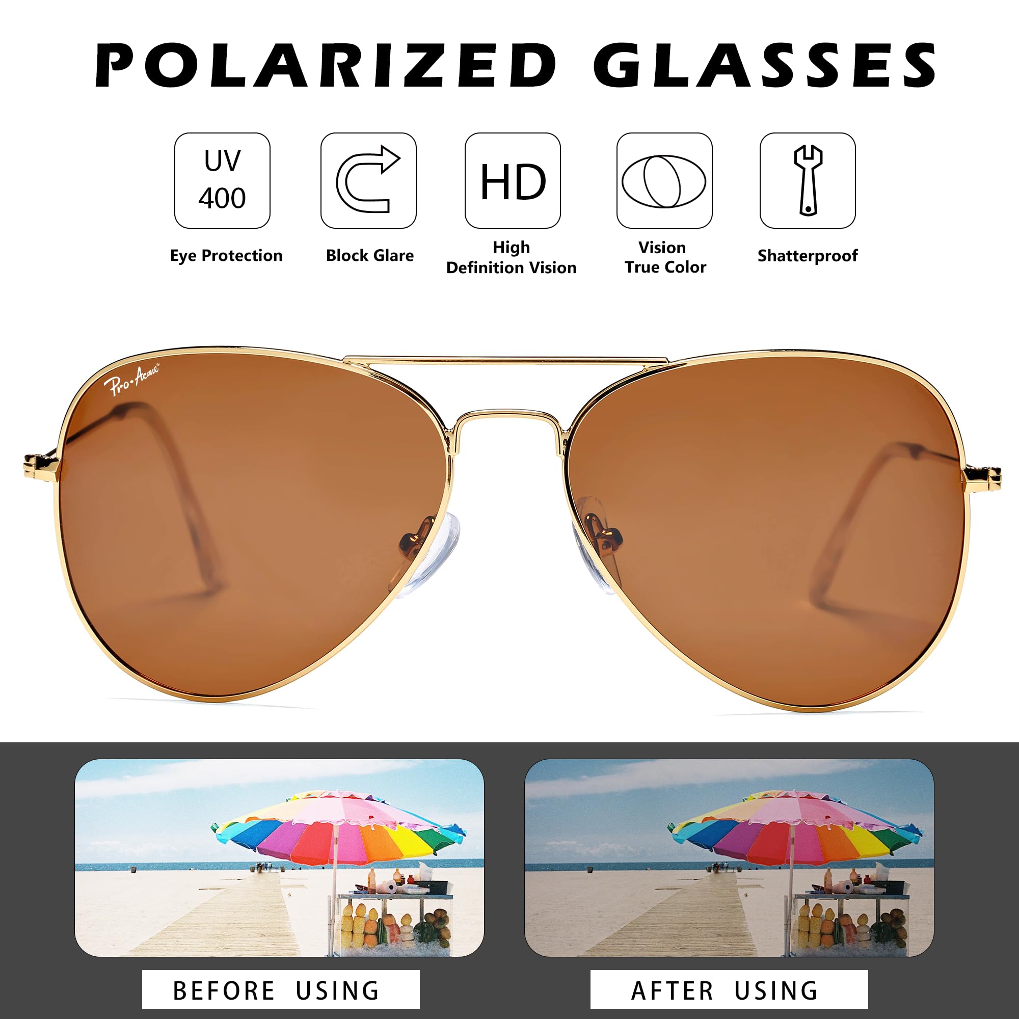Pro Acme Classic Polarized Aviator Sunglasses for Women Men, Driving Sun Glasses Polarized Lens Lightweight Metal Pilot Frame UV400 Protection (Gold | Brown | With Logo)