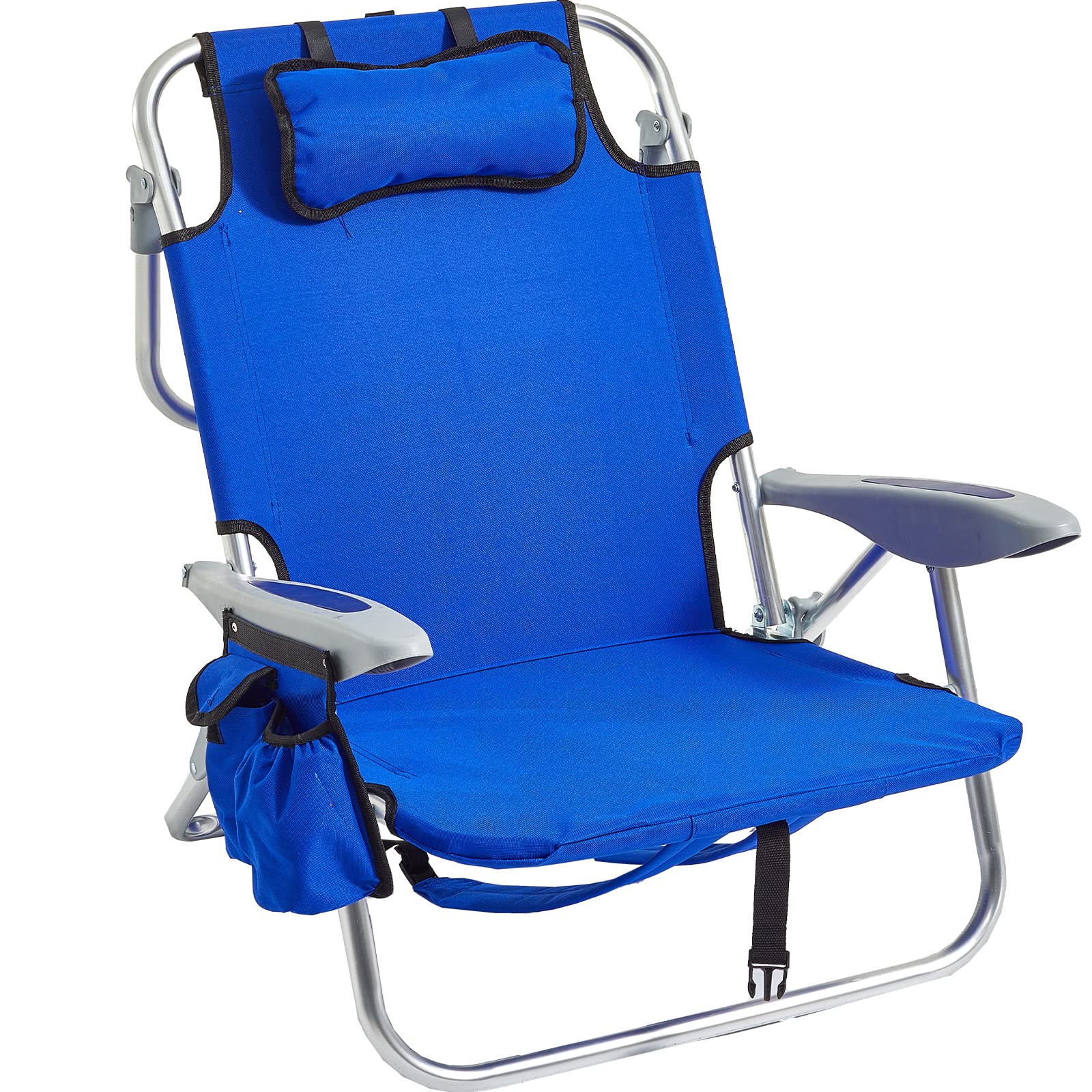ROWHY Backpack Beach Chair for Adults with Cooler Pouch Portable Lightweight Beach Chair Cup Holder Lay Flat Position and Extra Storage Low Camping Chair Support 300lb, Royal Blue