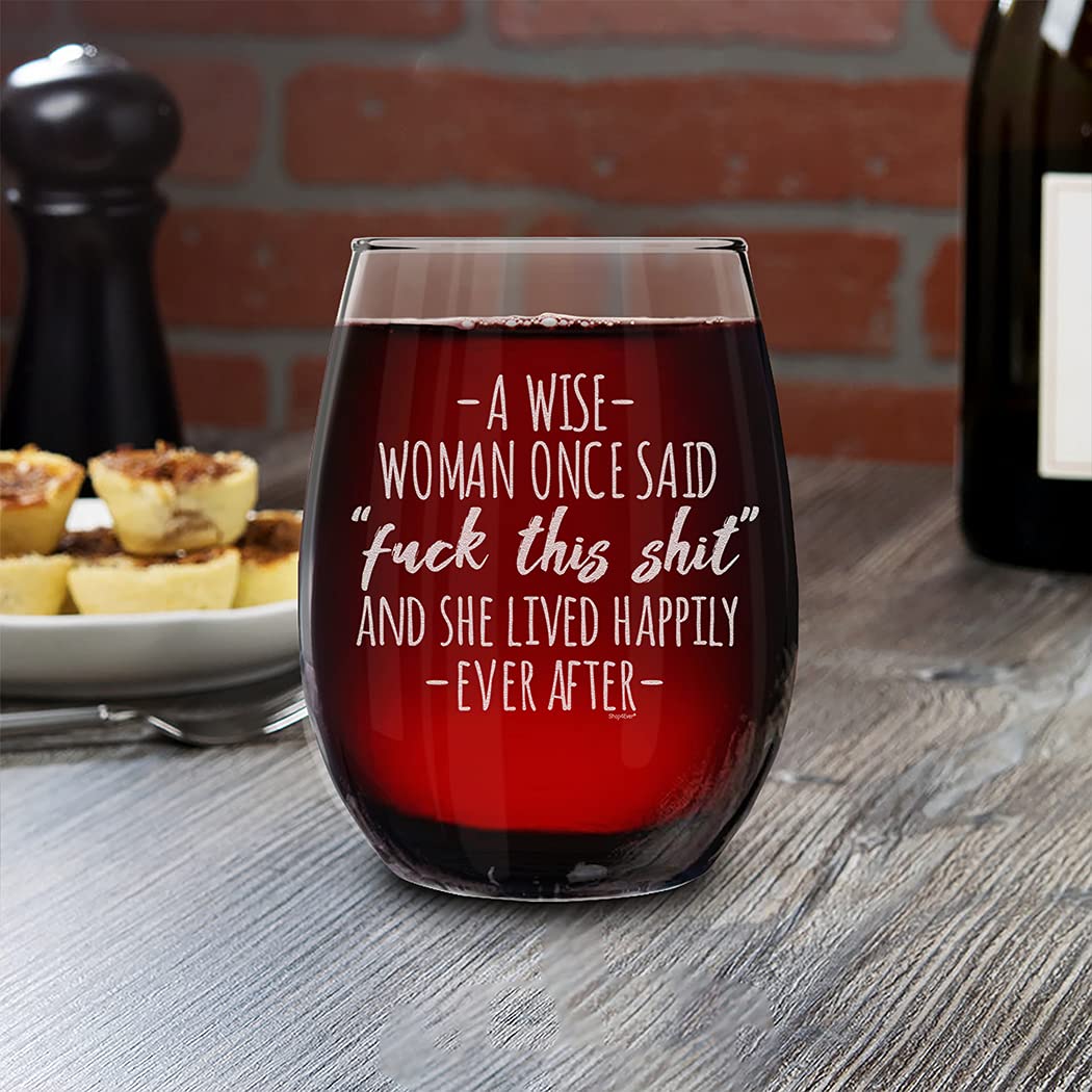 shop4ever A Wise Woman Once Said F This And She Lived Happily Ever After Engraved Stemless Wine Glass 15 oz. Funny Divorce Retirement Feminist Gift