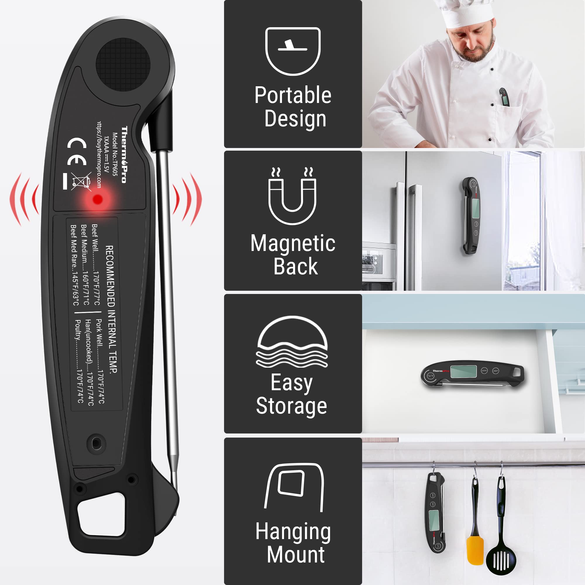 ThermoPro TP605 Instant Read Digital Meat Thermometer for Cooking, Waterproof Food with Backlight & Calibration, Probe Cooking Kitchen, Outdoor Grilling and BBQ