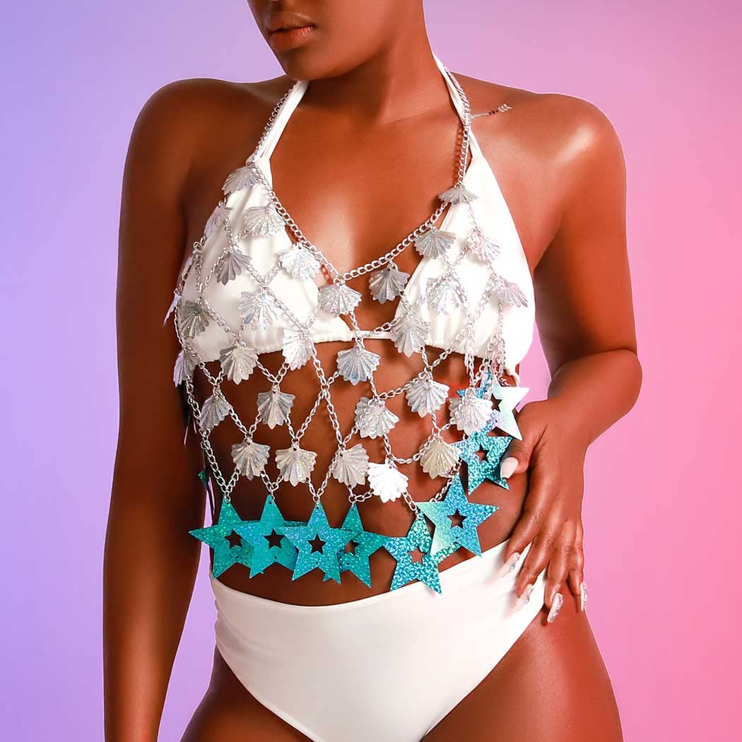 Sexy Body Chain Bikini Silver Tassel Star Sequins Bra Halter Backless Crop Top Shell Beach Party Chest Chains Jewelry for Women