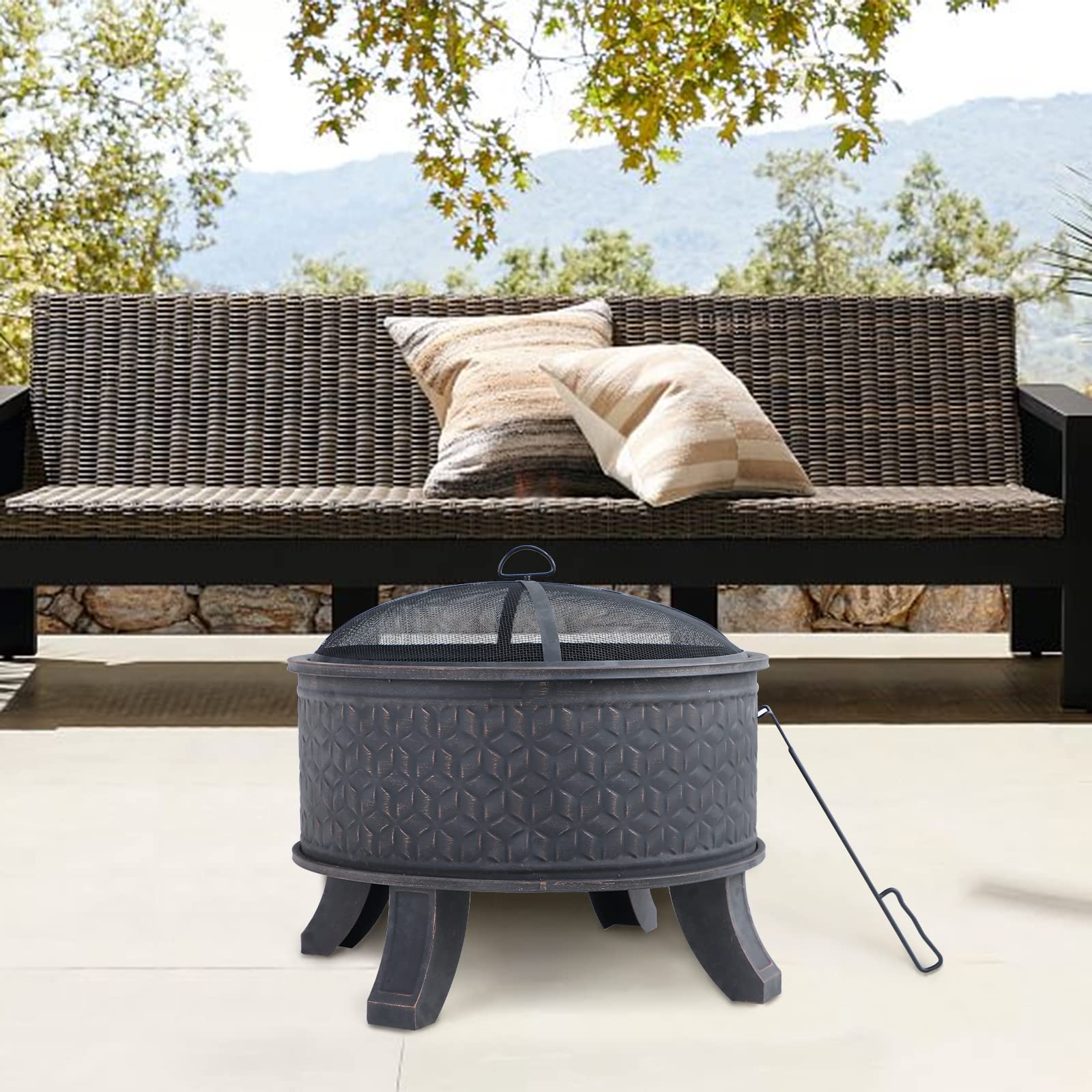 Wood Burning Fire Pit for Outside Antique Bronze 26 Inch Firepit Large Round Fire Pit Bowl with Poker & Spark Screen for Patio Lawn Backyard 4 Leg & Bronze Finish
