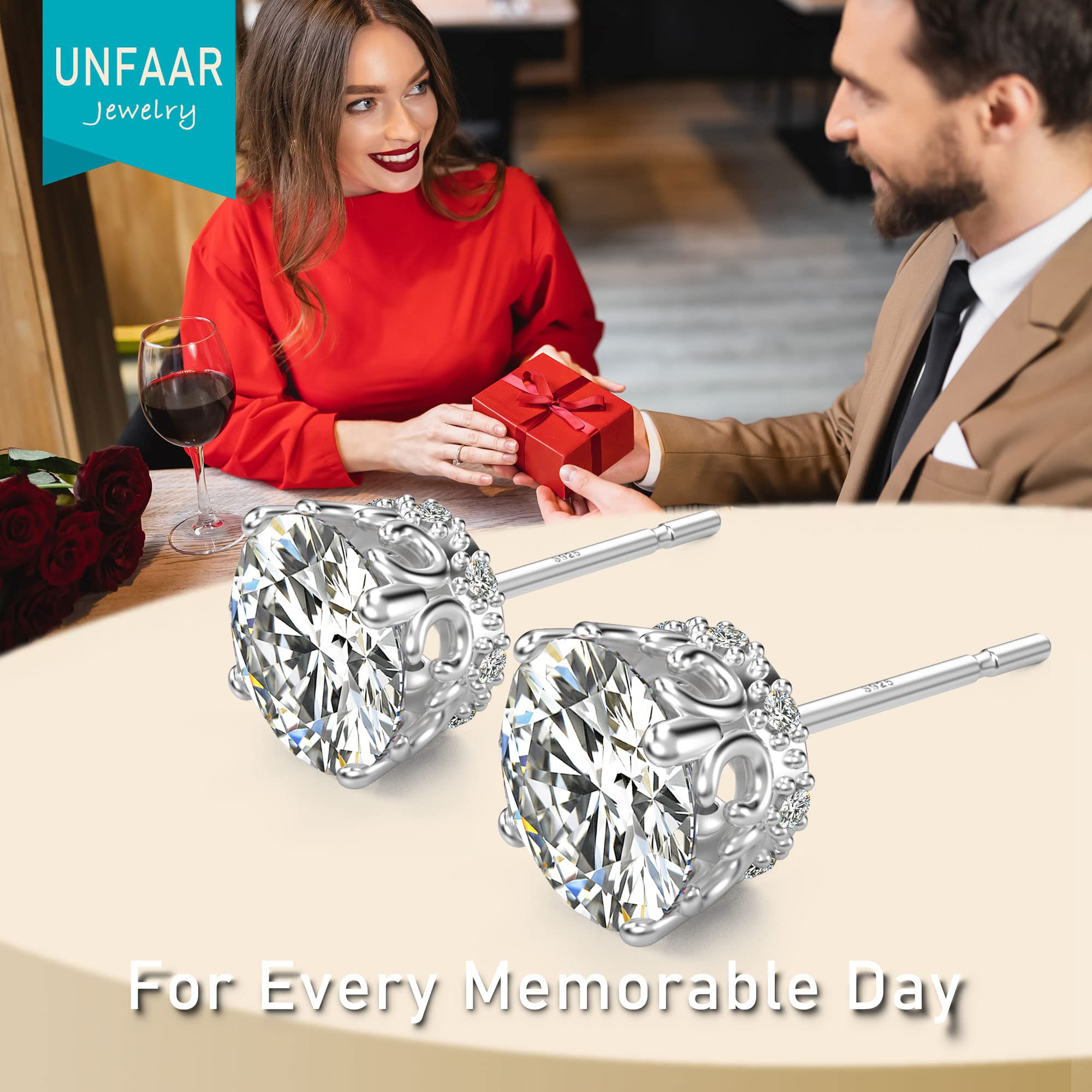 UNFAAR 18K White Gold Plated Sterling Silver Brilliant Round Cut Cubic Zirconia Stud Earrings Simulated Diamond Stud Earrings for Women Men Hypoallergenic (White Gold)