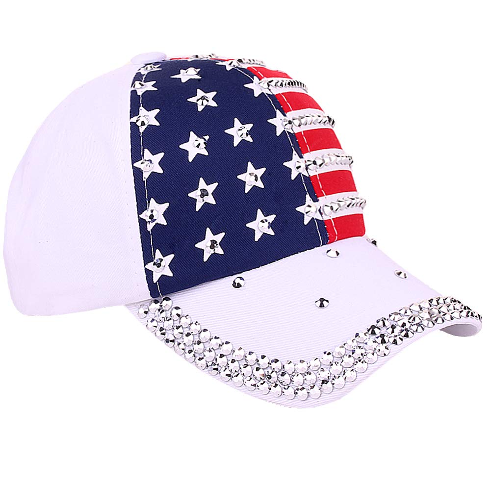 oaesc Patriotic American Flag Baseball Cap USA Bling Sparkle Hat for Women 4th July Summer Sun Cap White