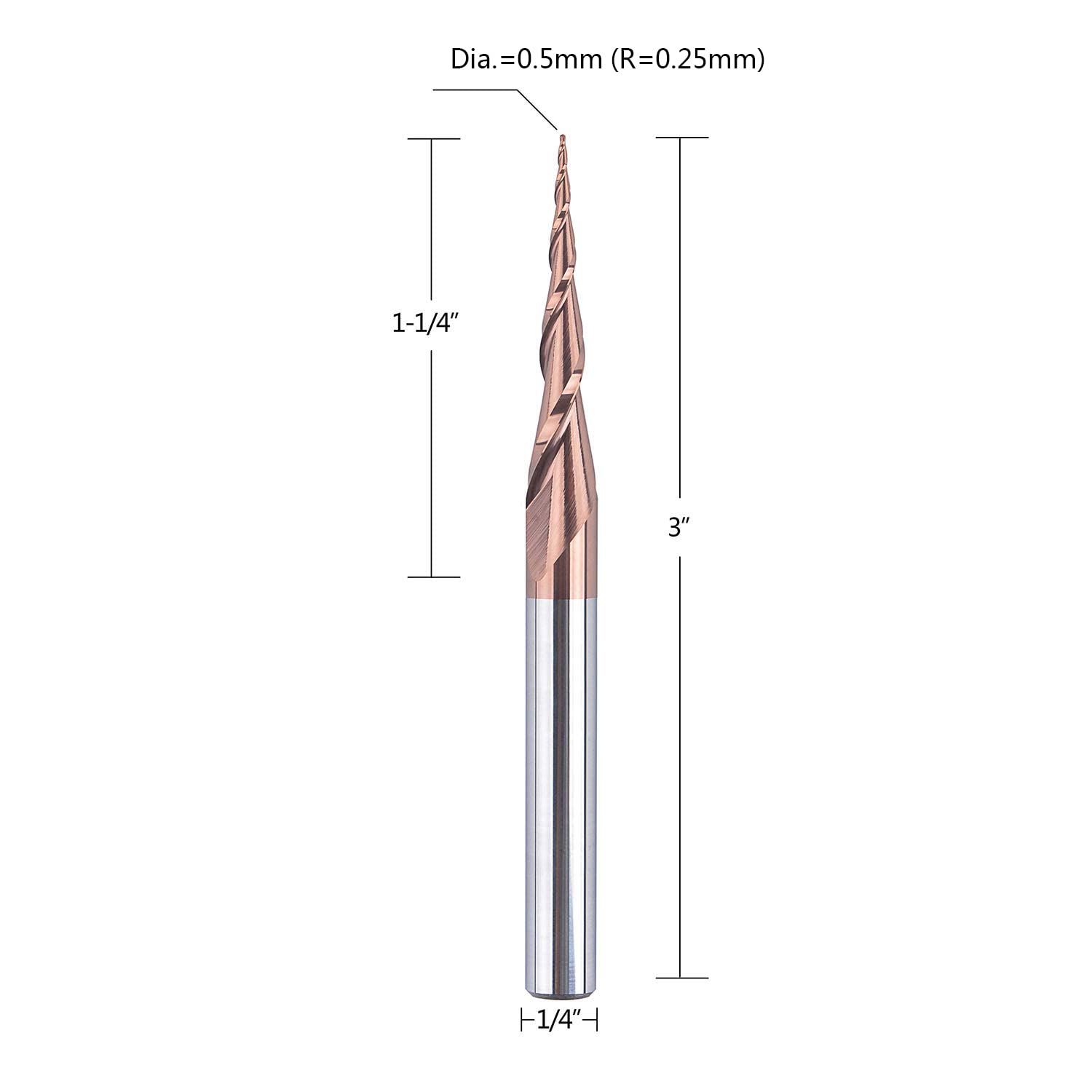 SpeTool Tapered Ball Nose End Mill 1/4" X 3" with 0.5mm Tip Diameter(0.25mm Radius) Ball Nose 5.26Deg Router Bit for CNC Machine Engraving Carving Bits H-Si Coated