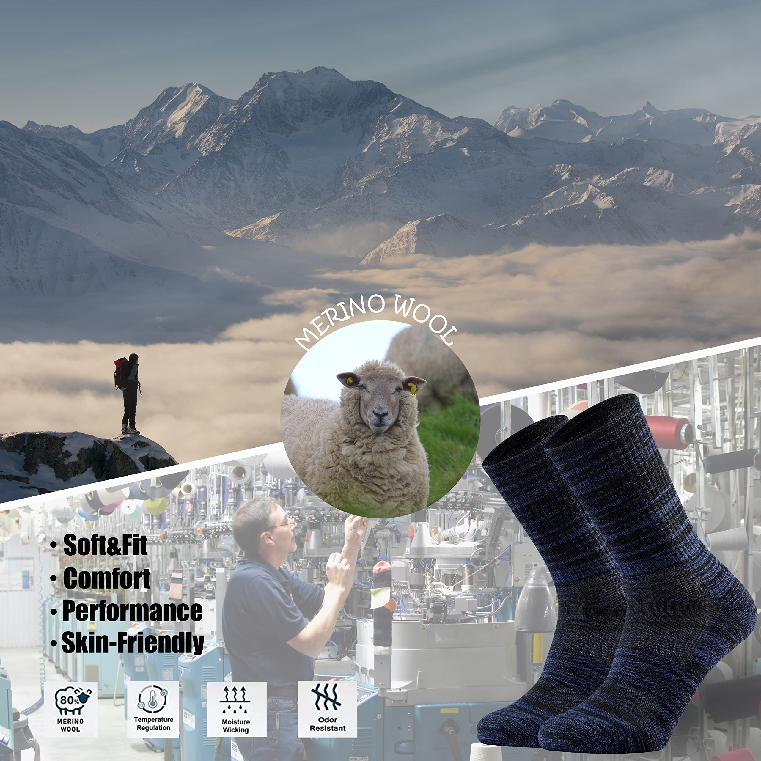 Ortis Men's Merino Wool Cushion Crew Socks with Moisture Wicking Control Light Weight Breathable for Outdoor Hiking Cycling(Navy Blue L)