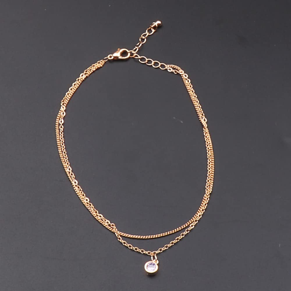 UEUC Gold Anklet for Women, 14K Gold Cuban Link Anklet Chains with Birthstone Charm, Cute Dainty Layering Anklets Chain Adjustable(#2)