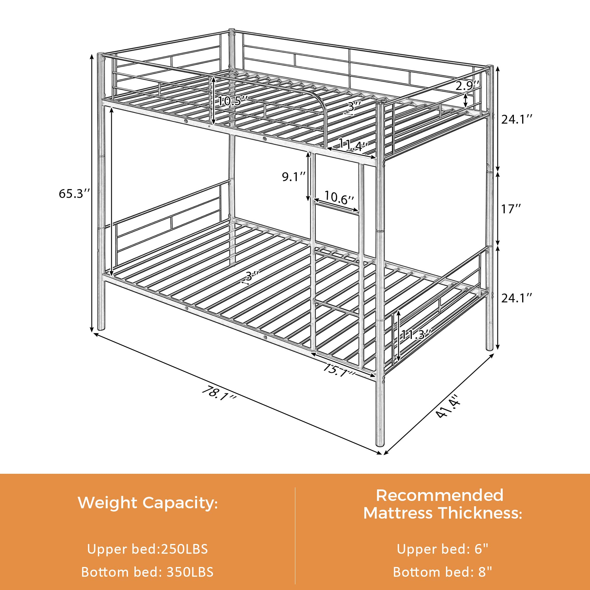 Merax Bunk Bed with Ladder and high Guardrail, Able to Split, Metal Bunk Bed, Storage Space, Noise Free,Twin Over Twin Size,Black