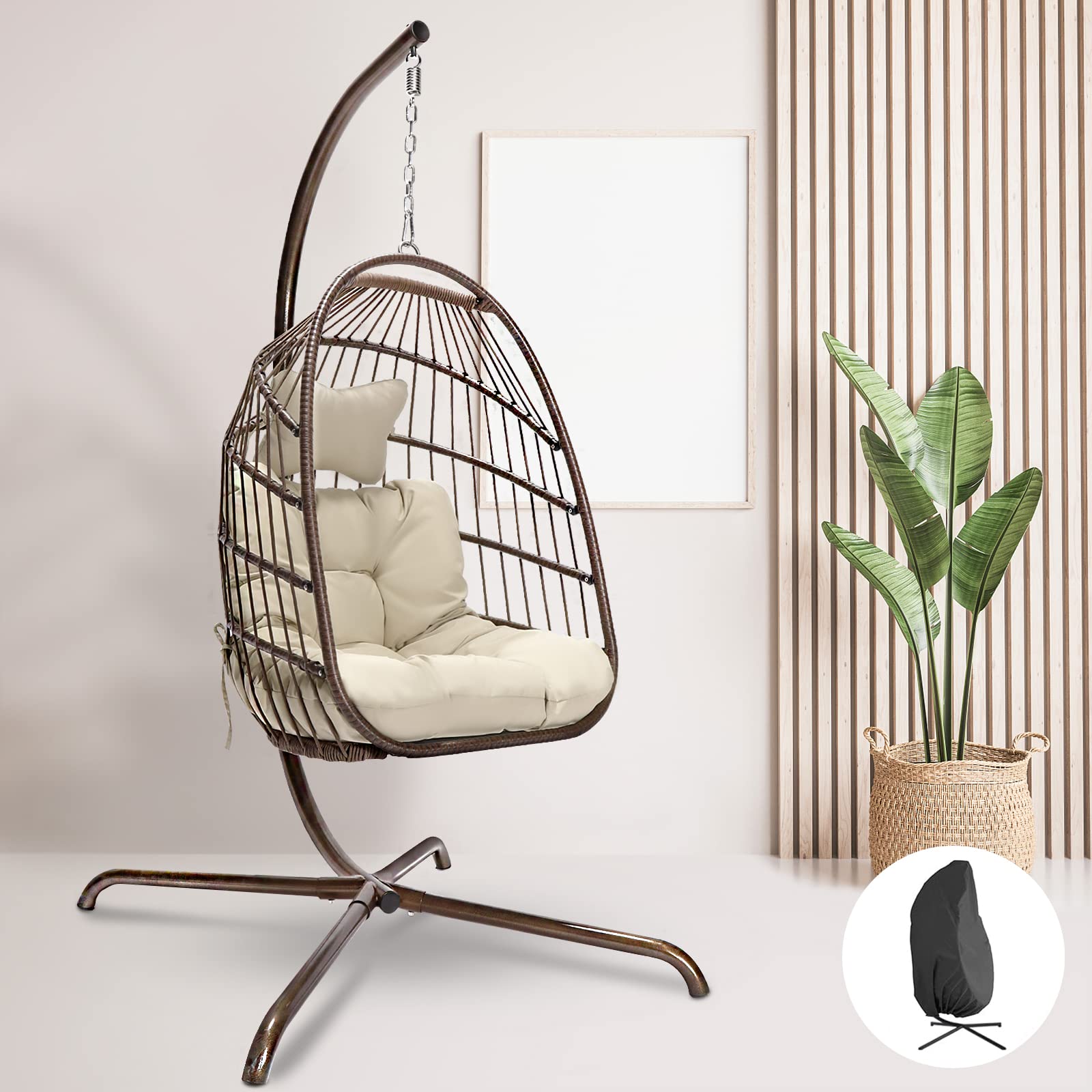 RADIATA Foldable Wicker Rattan Hanging Egg Chair with Stand, Swing Chair with Cushion and Pillow, Lounging Chair for Indoor Outdoor Bedroom Patio Garden (Brown with Cover)
