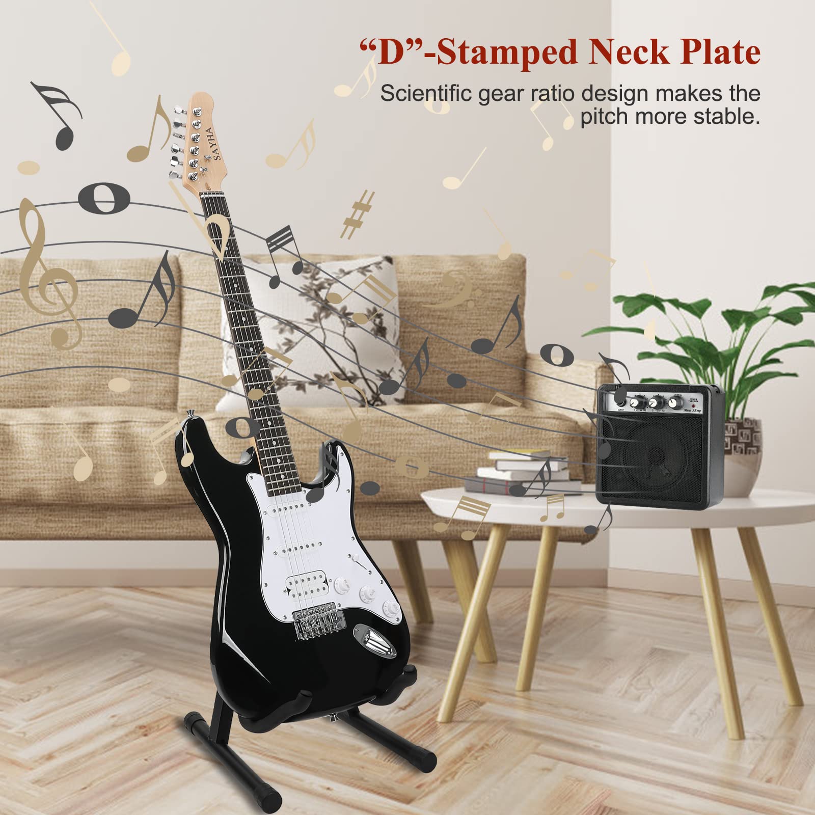 SAYHA Electric Guitar, 39 Inch Solid Full-size Electric Guitar HSS Pickups Starter Kit Includes Amplifier, Bag, Digital Tuner, Strap, String, Cable, Picks(Black)