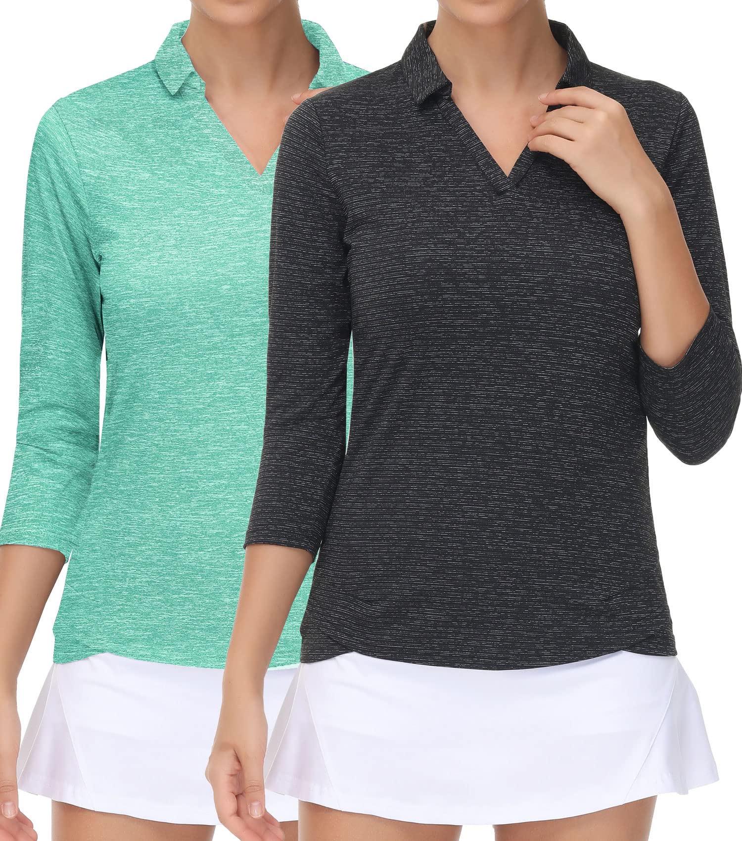TrendiMax Womens 2 Pack 3/4 Sleeve Golf Polo Shirts V Neck Collared Moisture Wicking Sports Workout Tops