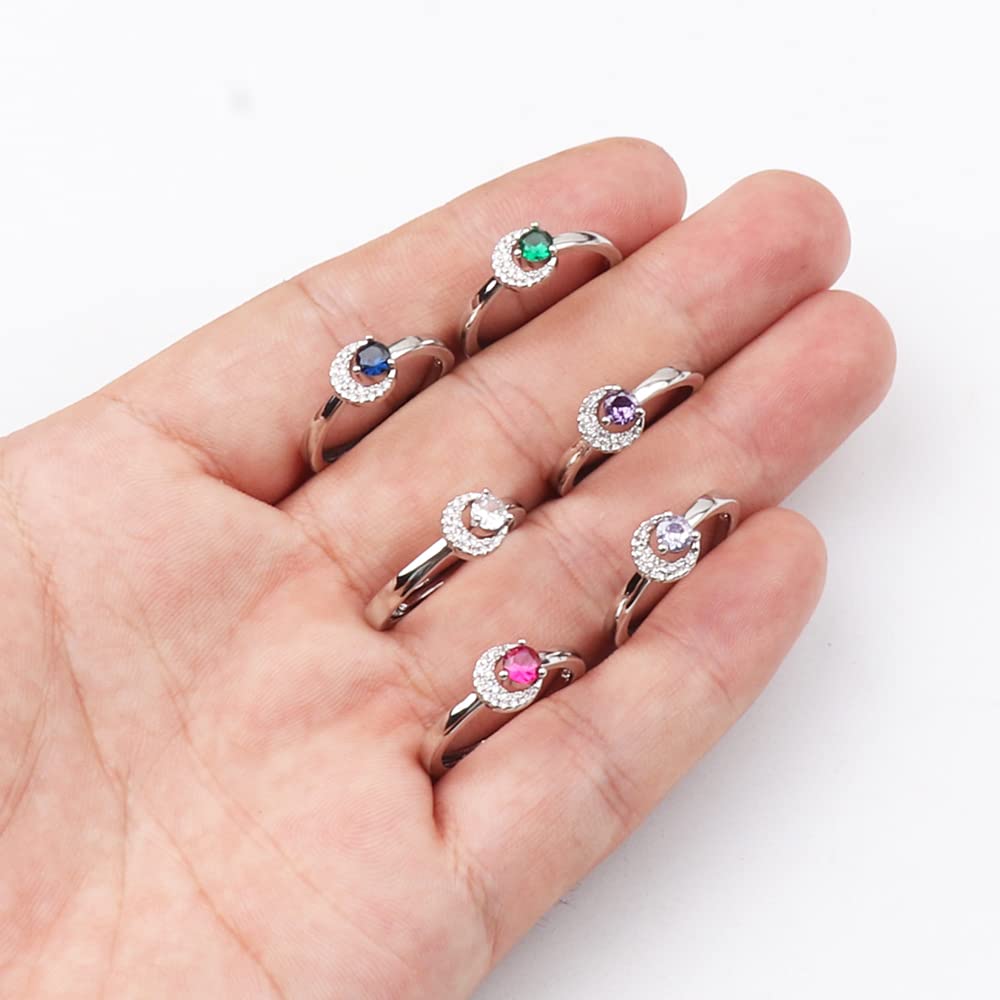 UEUC Moon Birthstone Ring for Women, 14K Silver Plated Crescent 5A Zircon Open Adjustable Ring, Wedding Engagement Statement Promise Ring(#10)