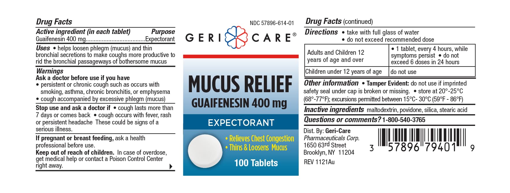 Mucus Relief Tablets by Geri-Care | Expectorant for Chest Congestion Relief | Guaifenesin 400mg | 100 Count Bottle
