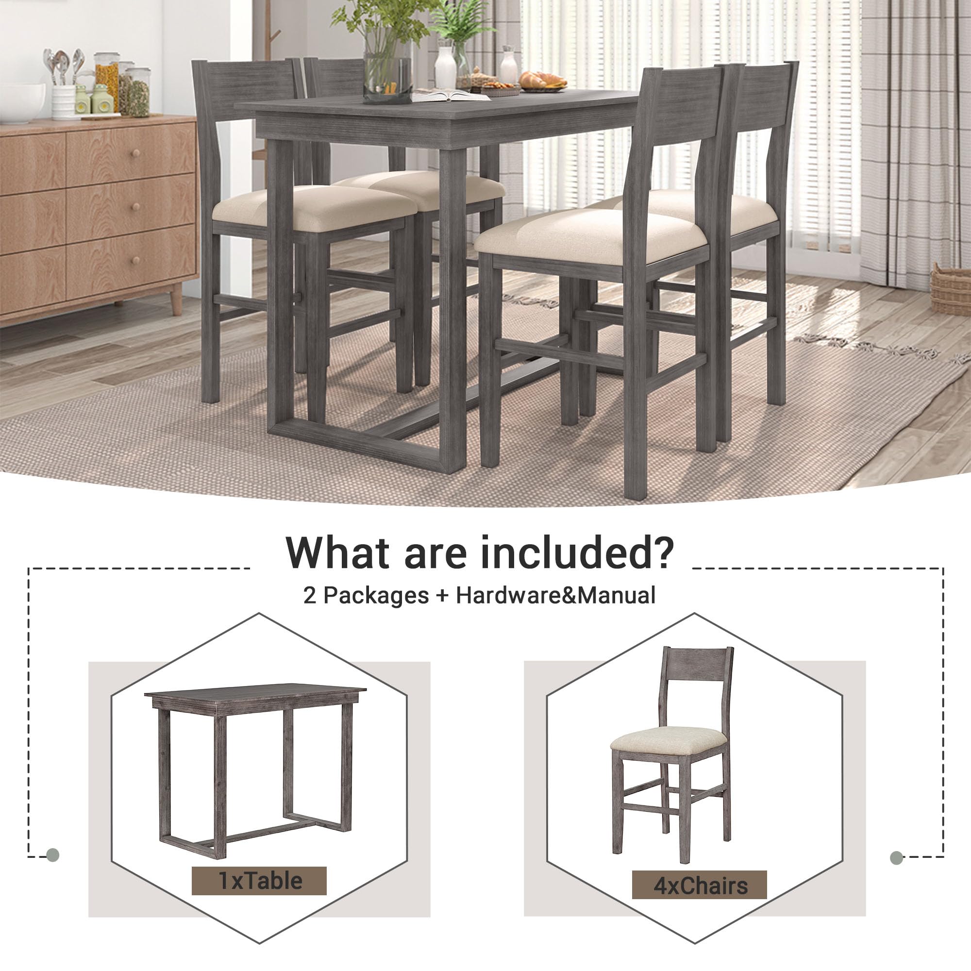 Merax Counter Height Kitchen Dining Table Set with Chairs for Small Space, Solid Wood Dining Room Furniture Table Set Farmhouse Rustic Dining Set