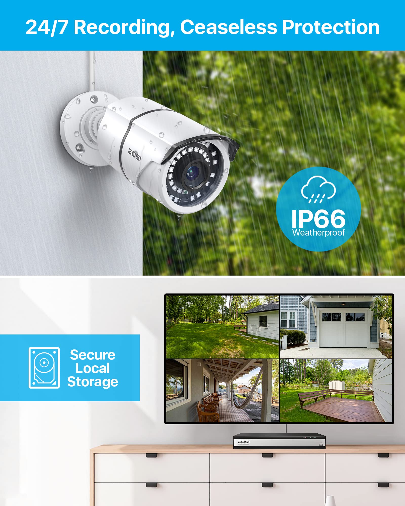 ZOSI 4K 16CH PoE Security Camera System with Hard Drive 4TB and 10pcs 5MP Outdoor Indoor PoE IP Surveillance Cameras,H.265+ 16 Channel 8MP CCTV NVR,120ft Night Vision,Remote Access,24/7 Recording
