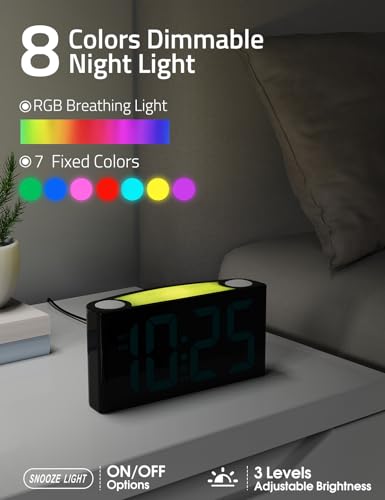 Mesqool Digital Alarm Clock with Bed Shaker & RGB LED Display - Loud for Heavy Sleepers, 7-Color Night Light & Dimmer, Easy Set for Kids, Teens, Elders & Hearing Impaired