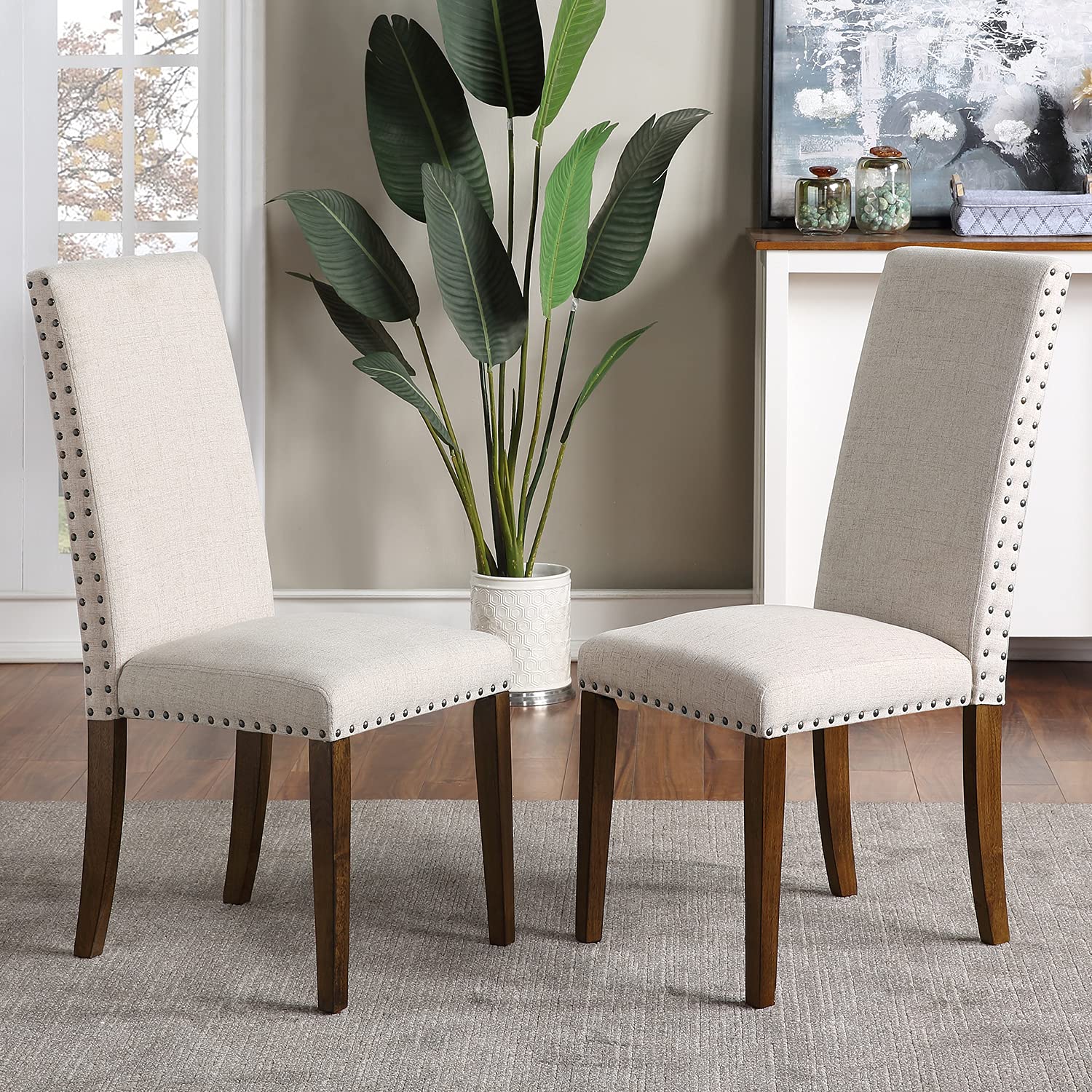 Merax Dining Chairs Set of 2, Dining Room Chairs, Fabric Padded Upholstered Side Chair with Solid Wood Legs & Nailed Trim (Beige+Brown, Set of 2)