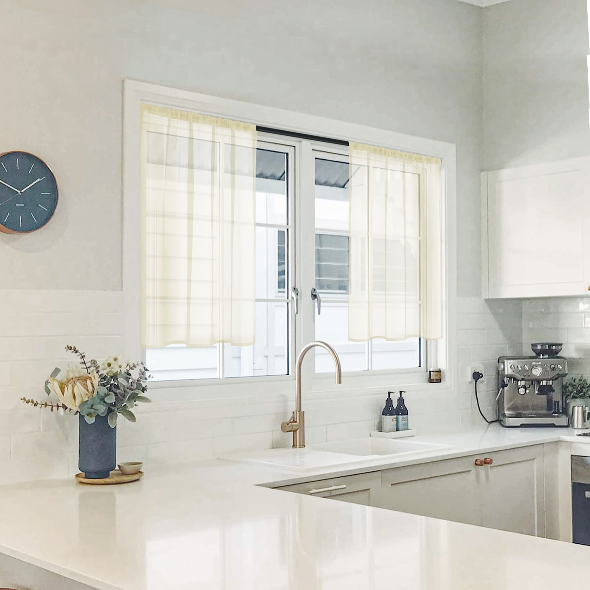 MRTREES Beige Sheer Curtains 34 x 36 inch Length Kitchen Tier Short Curtains Light Filtering Rod Pocket Voile Cafe Curtains for Kitchen Bathroom Small Half Window 2 Panels