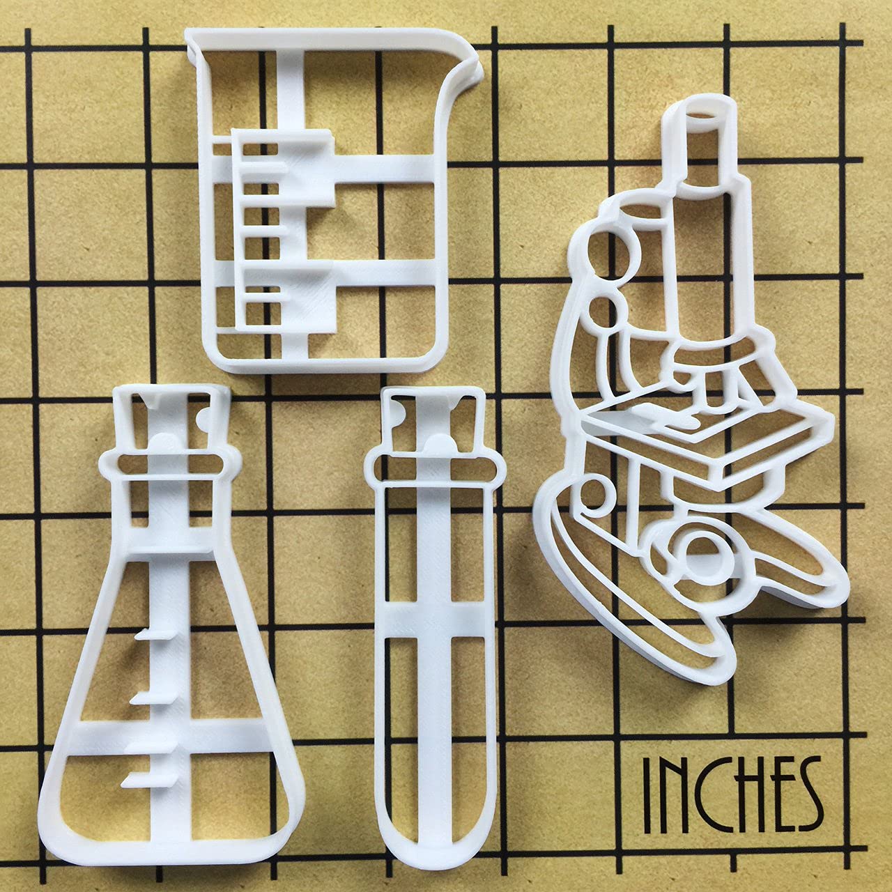 Set of 4 Laboratory Equipment cookie cutters (Designs: Beaker, Microscope, Test Tube, and Conical Flask), 4 pieces - Bakerlogy