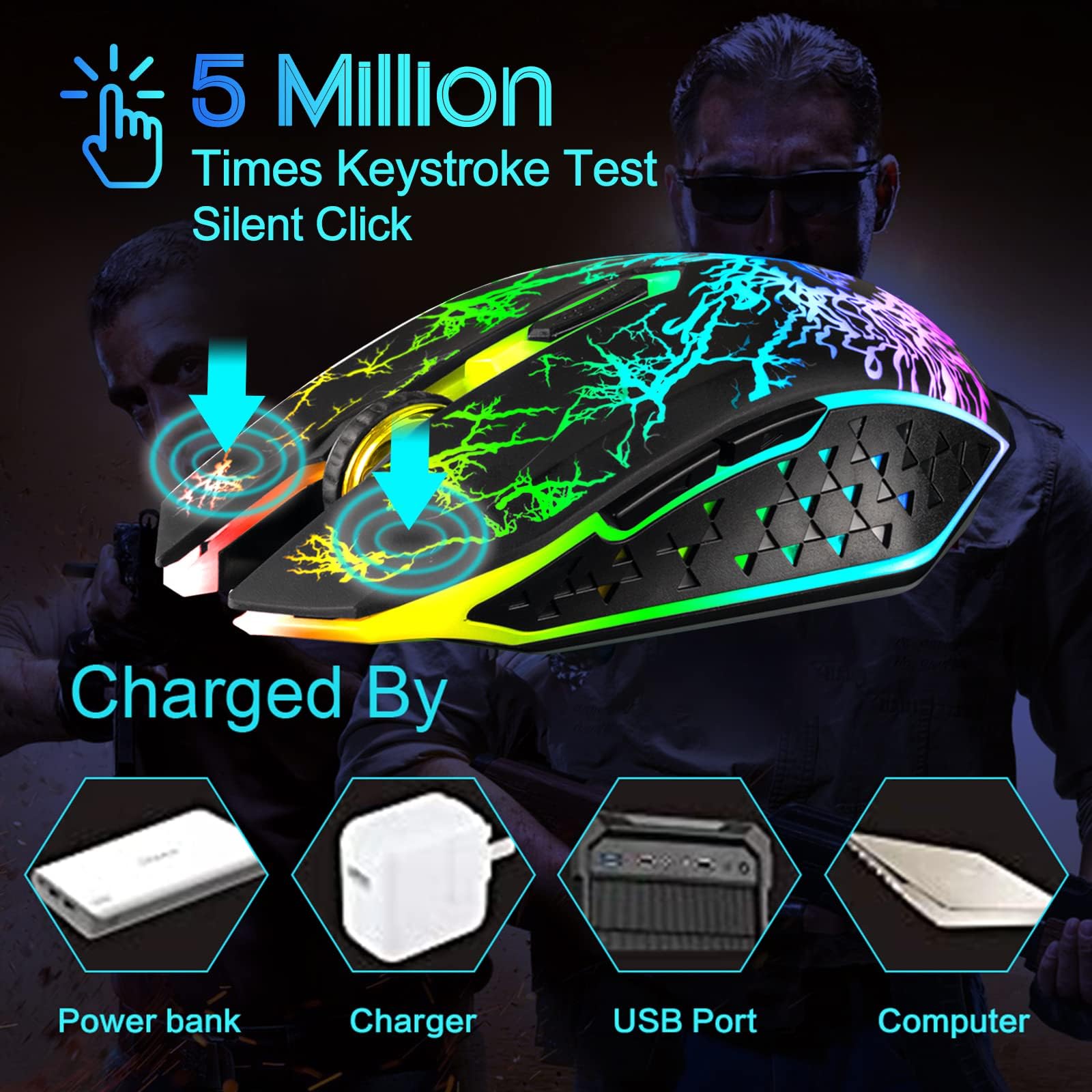 Scettar Wireless Gaming Mouse, Rechargeable Wireless Computer Gaming Mouse with Colorful LED Lights, Silent Click, Power Saving Mode, 3 Level DPI Computer Wireless Mouse for Gamer PC