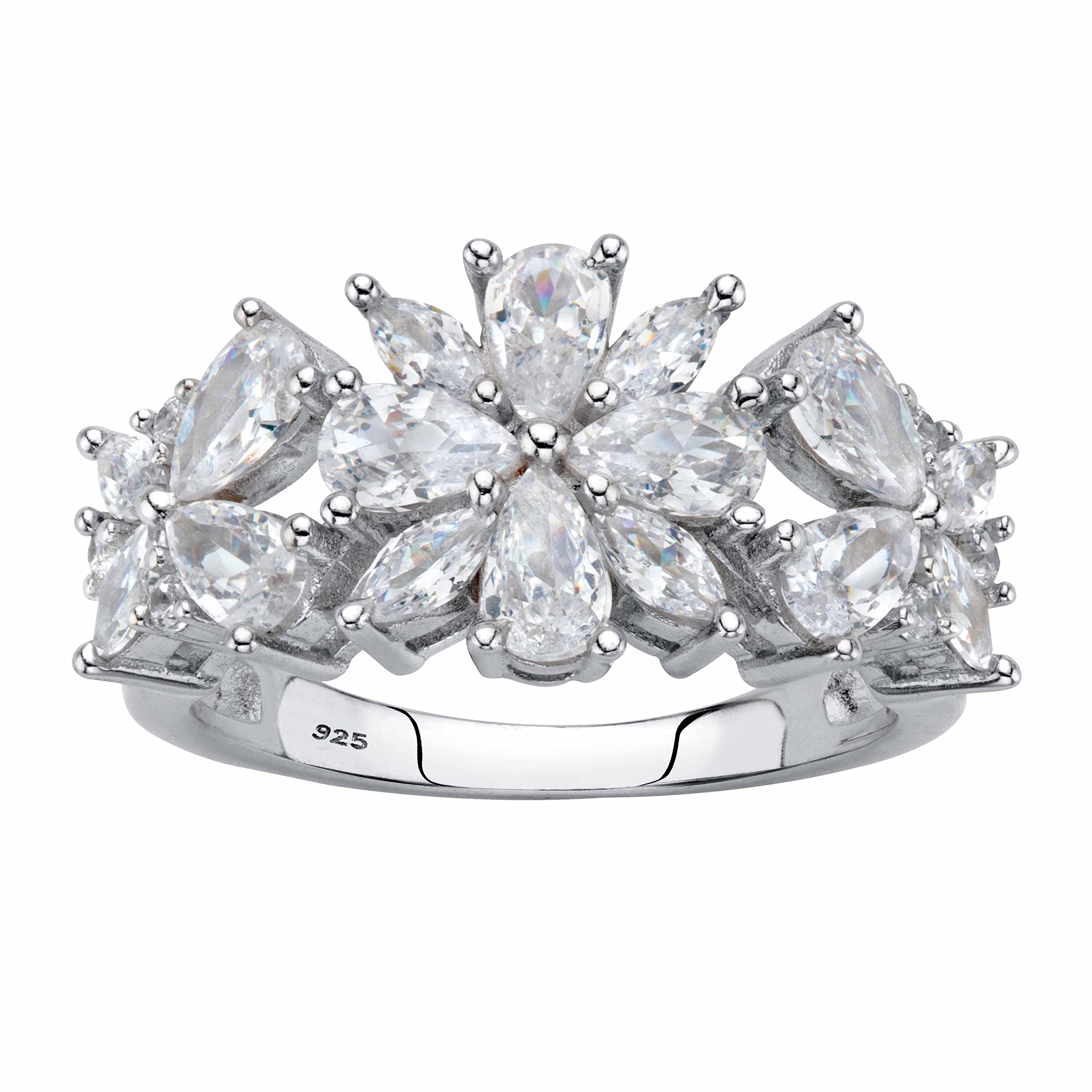 PalmBeach Platinum-plated Sterling Silver Pear Cut Cubic Zirconia Flower Ring Sizes 6-10 Size 6