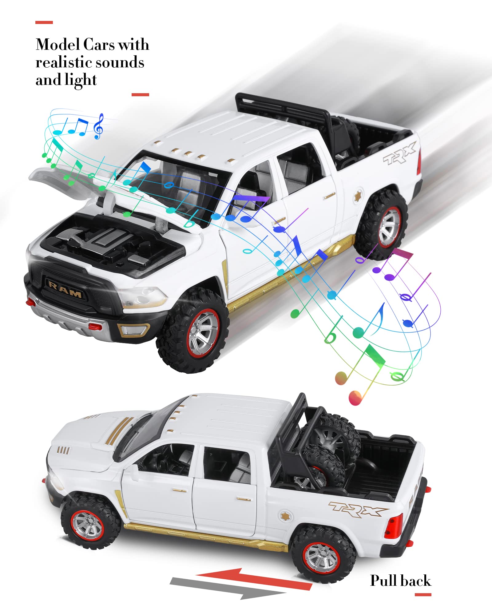 Toy Trucks Dodge Ram Toy Pickup Trucks TRX 1500 Pull Back Diecast Metal Model Trucks for 3 Year Old Boys and up